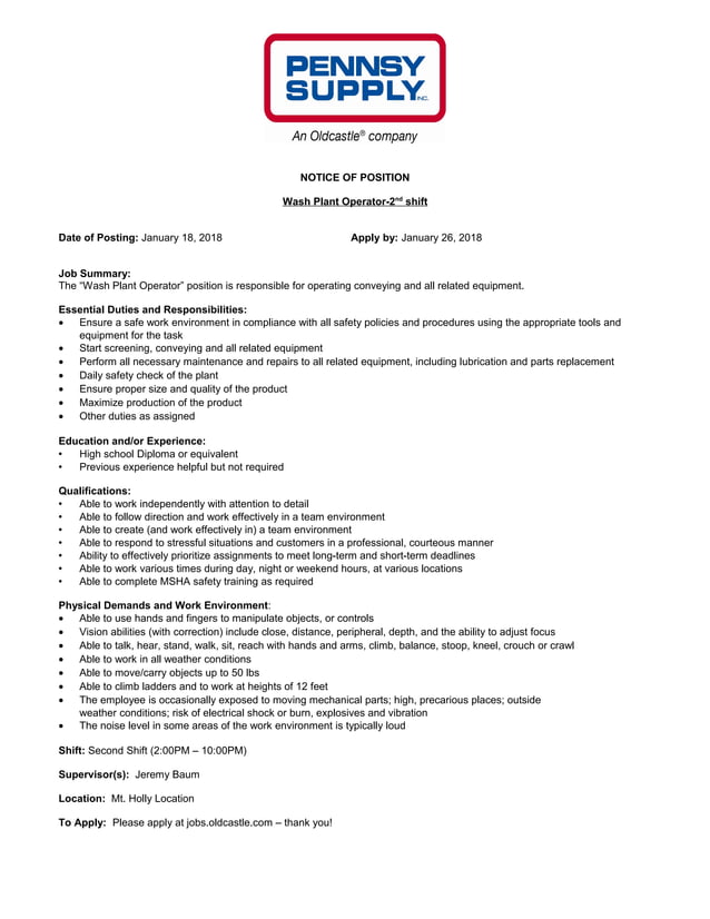 **NOW HIRING** - 2nd shift wash plant operator | DOC | Careers