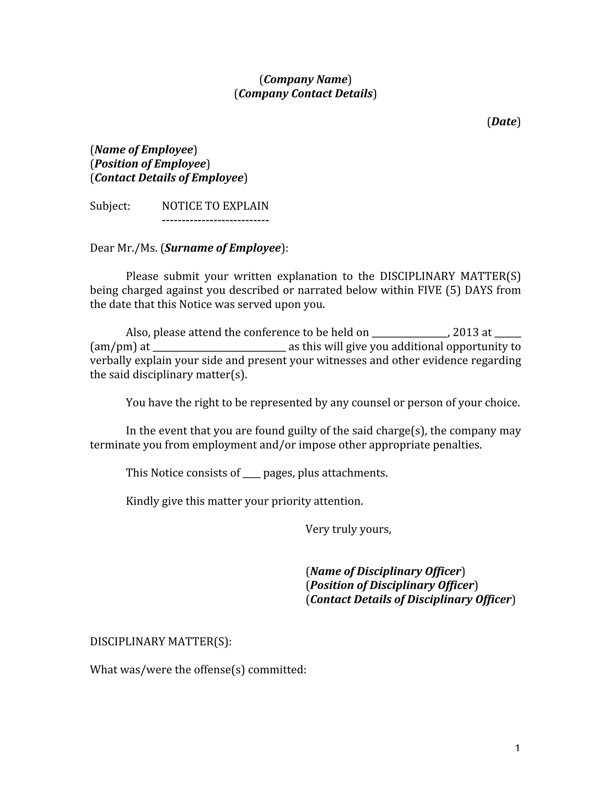 Notice to Explain SAMPLE FORM (First Notice) | PDF