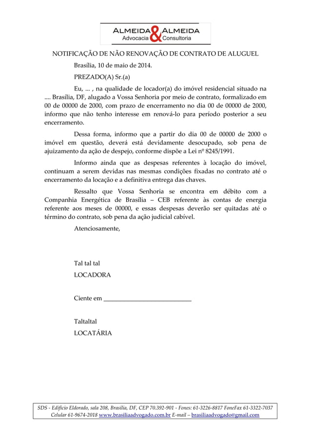 Notificação De Não Renovação De Contrato De Aluguel Brasilia Advogado