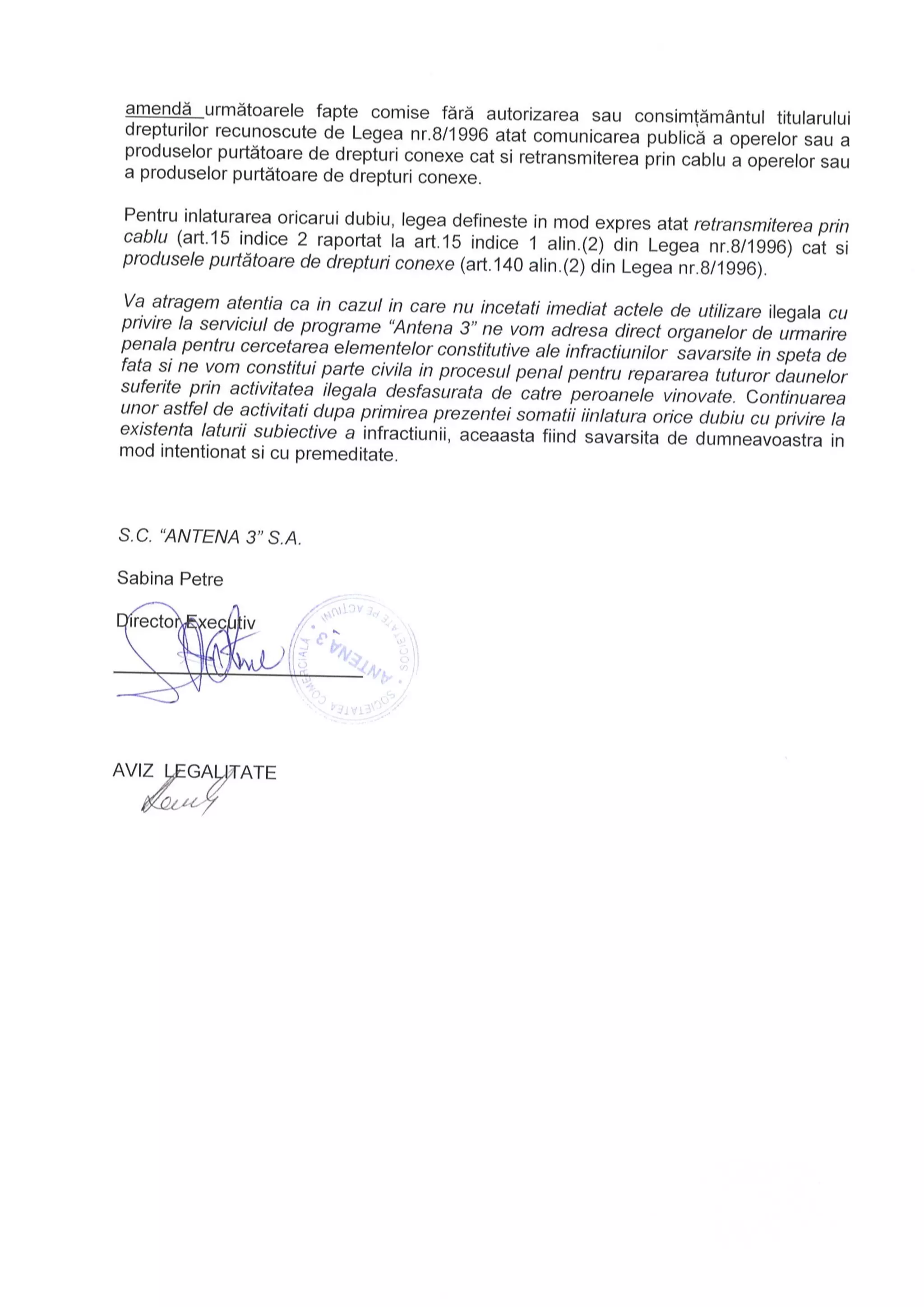 Vali Petcu Zoso - Notificare antena3 | PDF