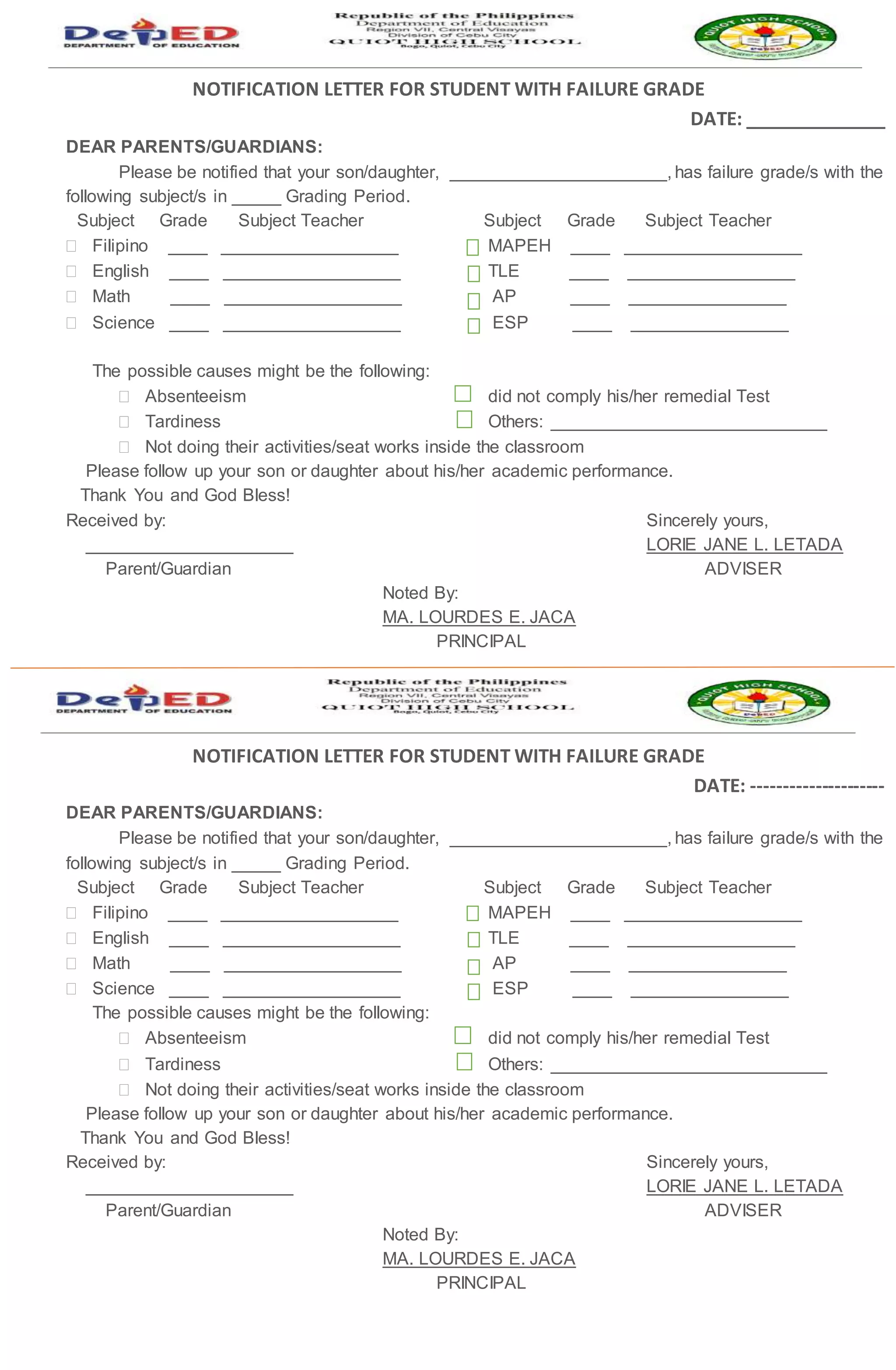 Notification letter-for-student-with-failure-grade | DOCX