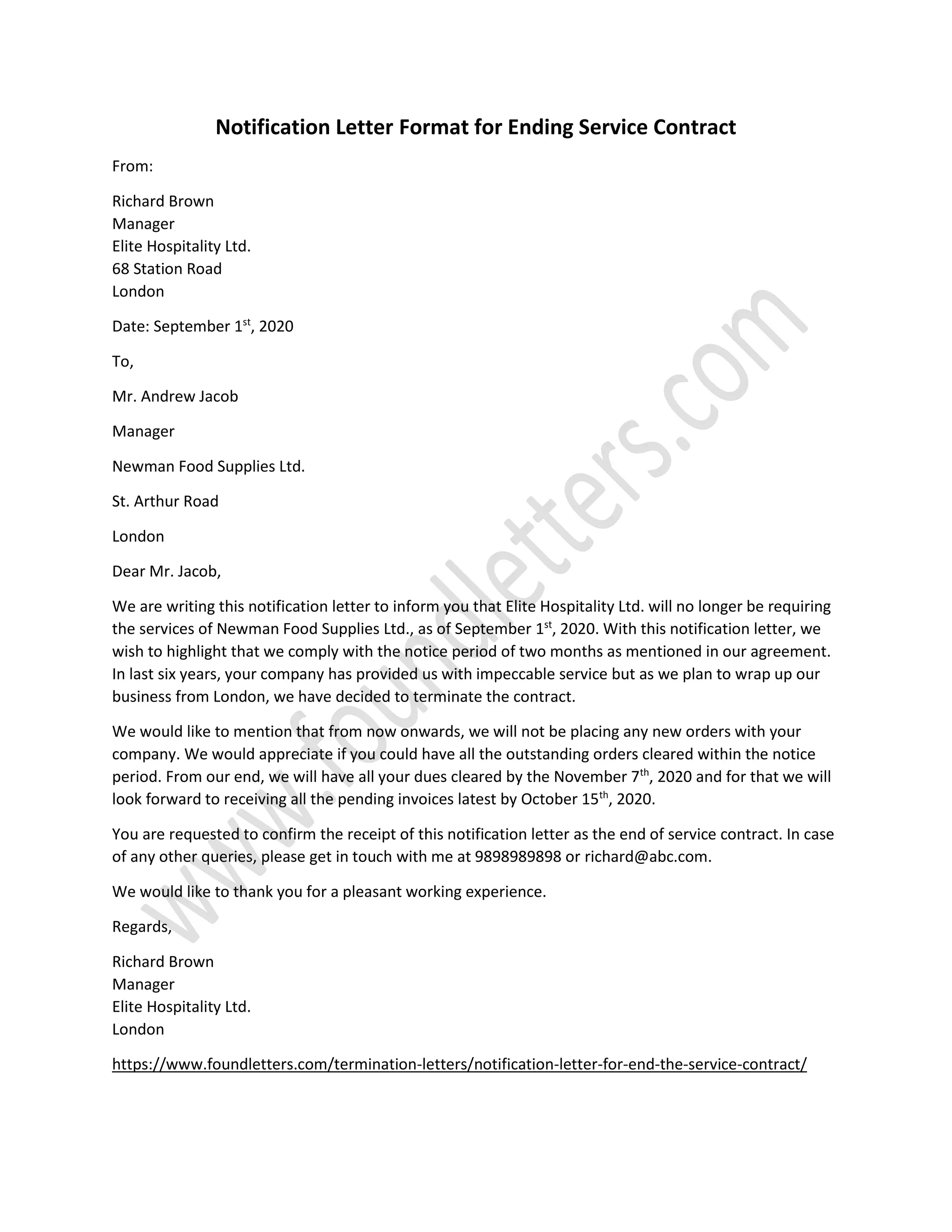 Notification Letter for End the Service Contract - Termination letter | PDF