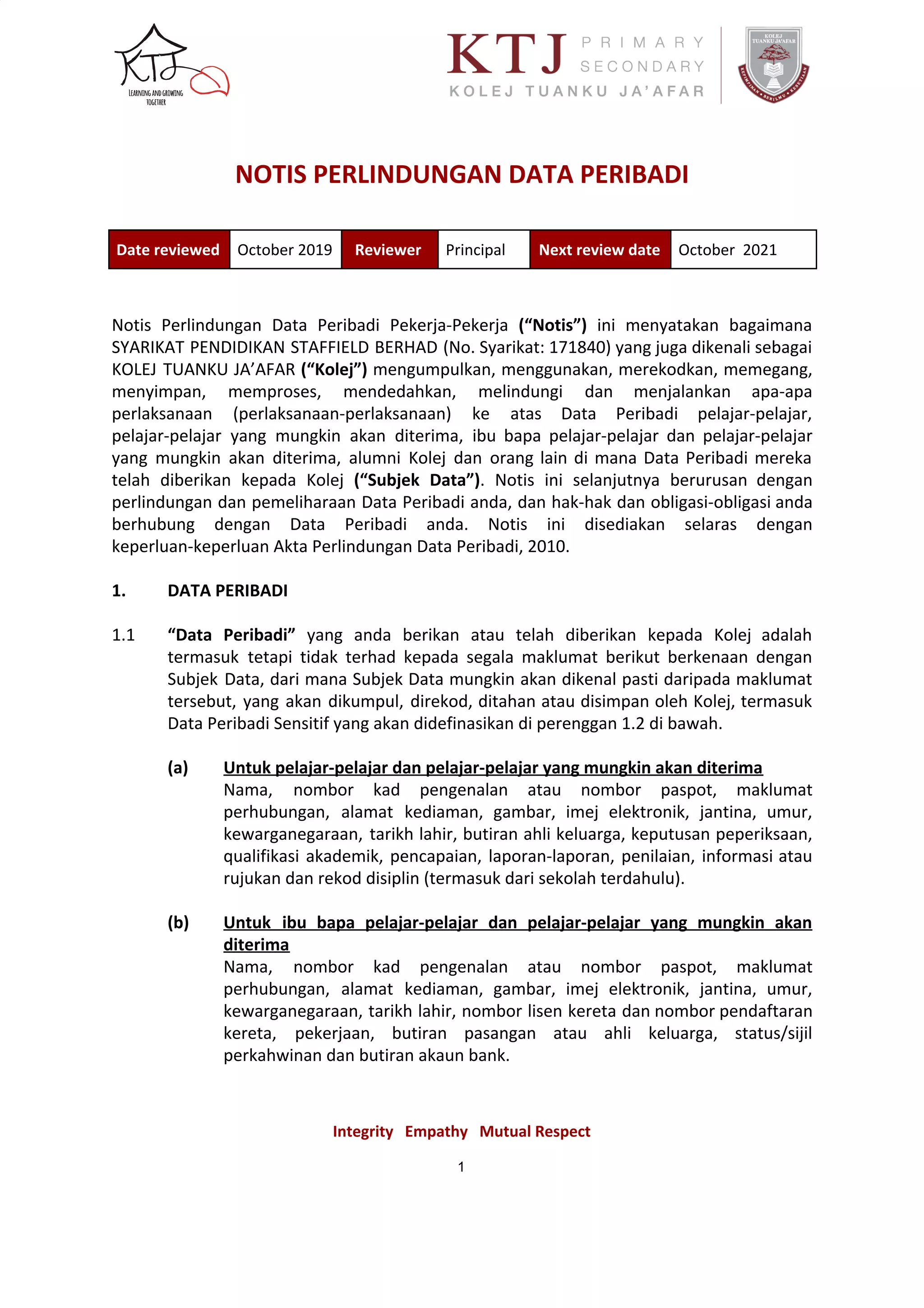 NOTIS PERLINDUNGAN DATA PERIBADI POLICY | PDF
