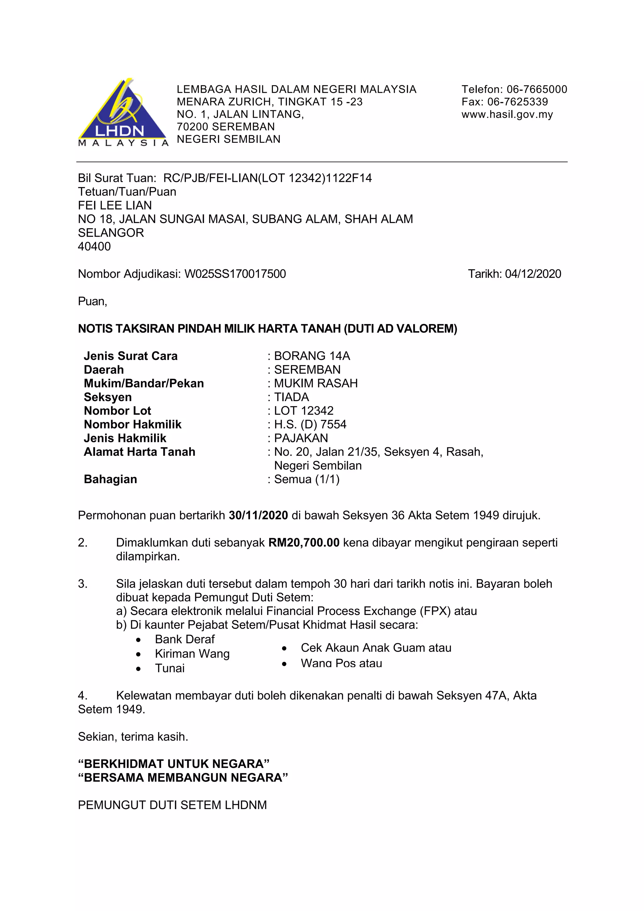 Contoh Notis Taksiran (Palsu - Bagi kegunaan pembelajaran sahaja) | PDF