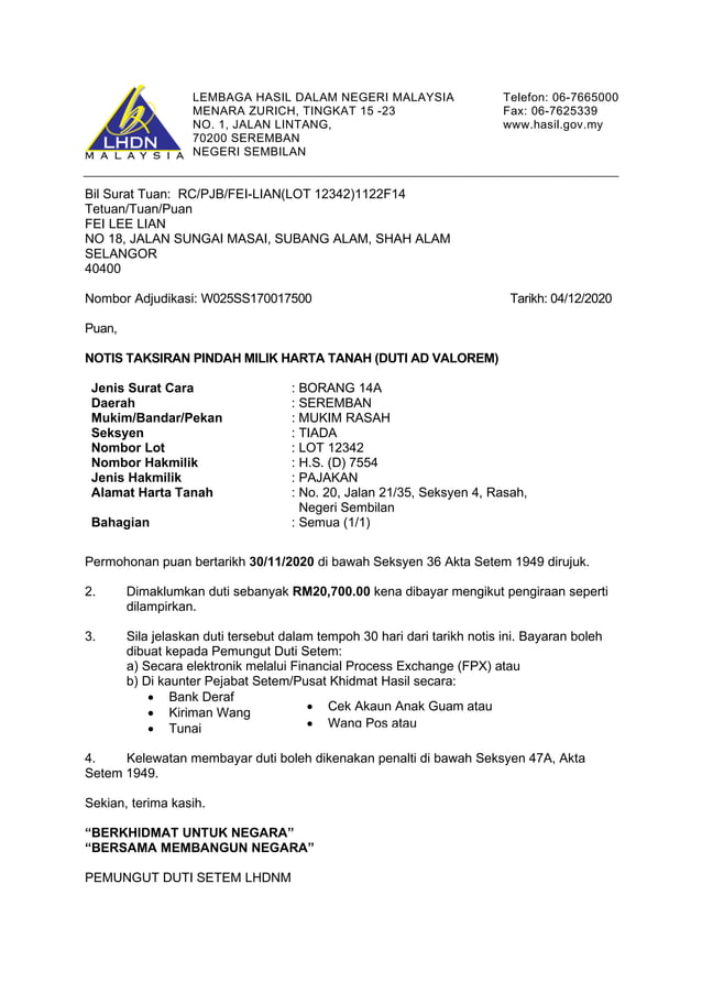 Contoh Notis Taksiran (Palsu - Bagi kegunaan pembelajaran sahaja) | PDF