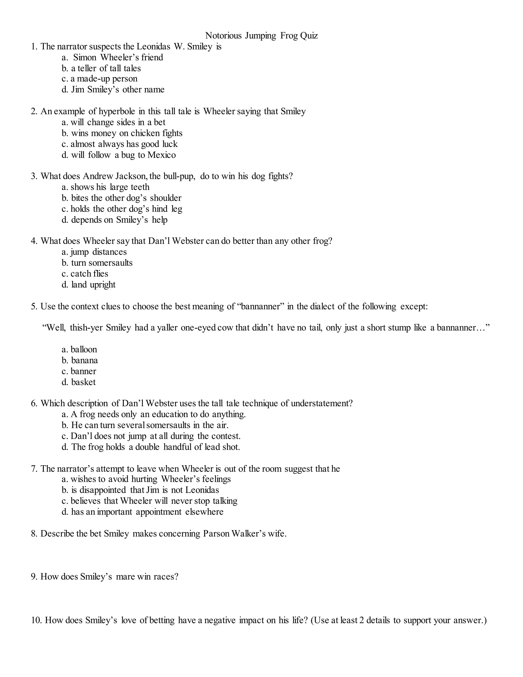 Notorious jumping frog quiz | DOCX