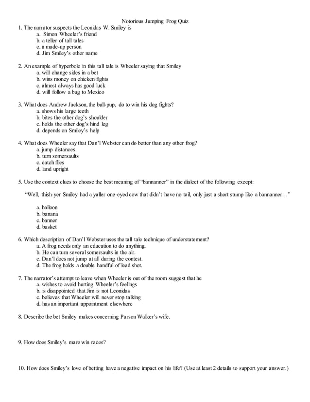 Notorious jumping frog quiz | DOCX