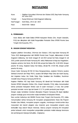 Notulensi pelatihan kampung kb hotel anggraeni 2019 | DOCX