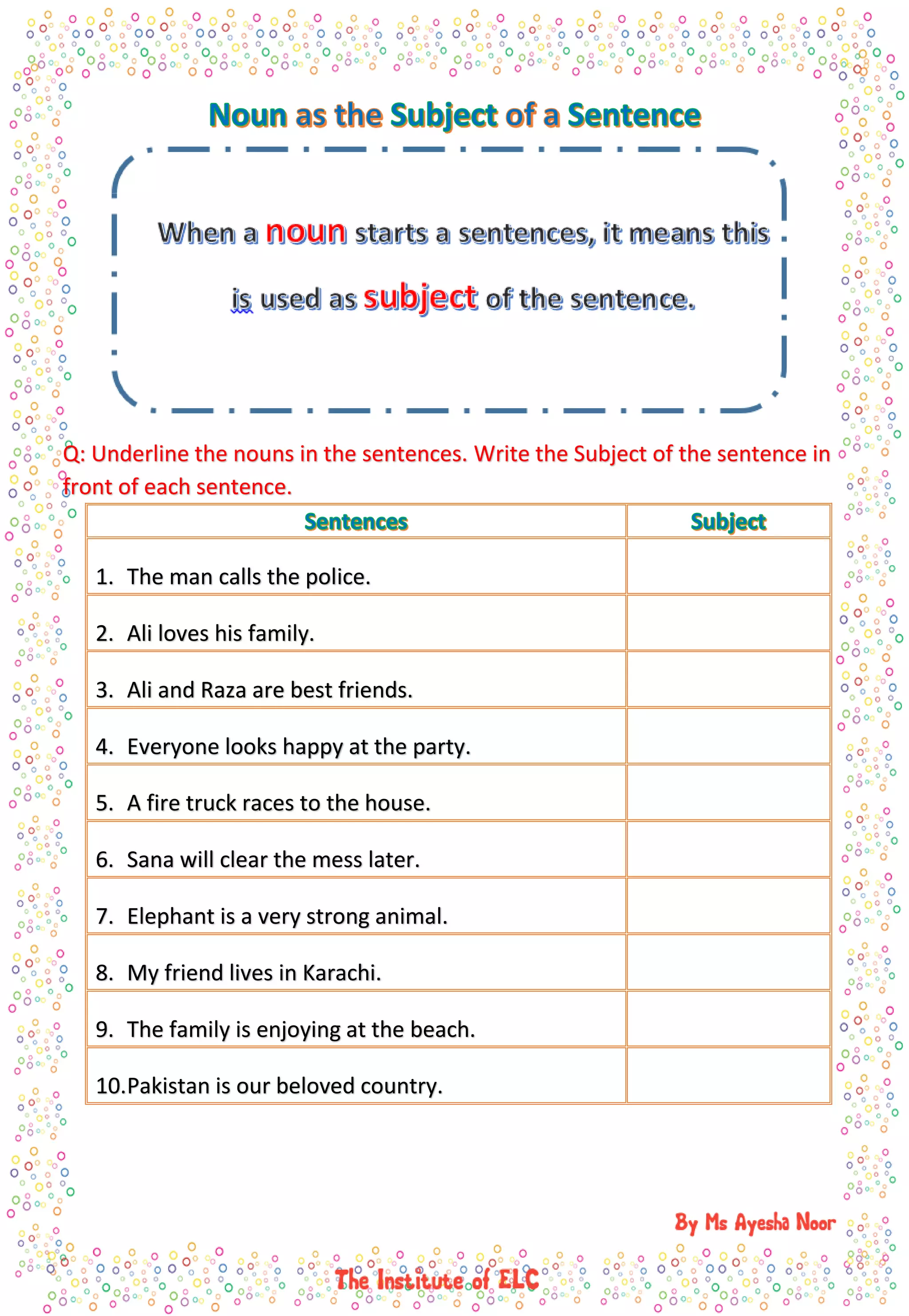 NOUN as the SUBJECT of a SENTENCE | PDF