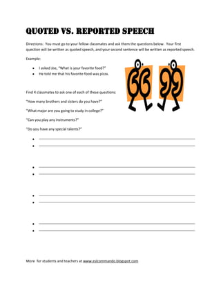 Noun clause partner practice ESL activity - Quoted and Reported Speech ...