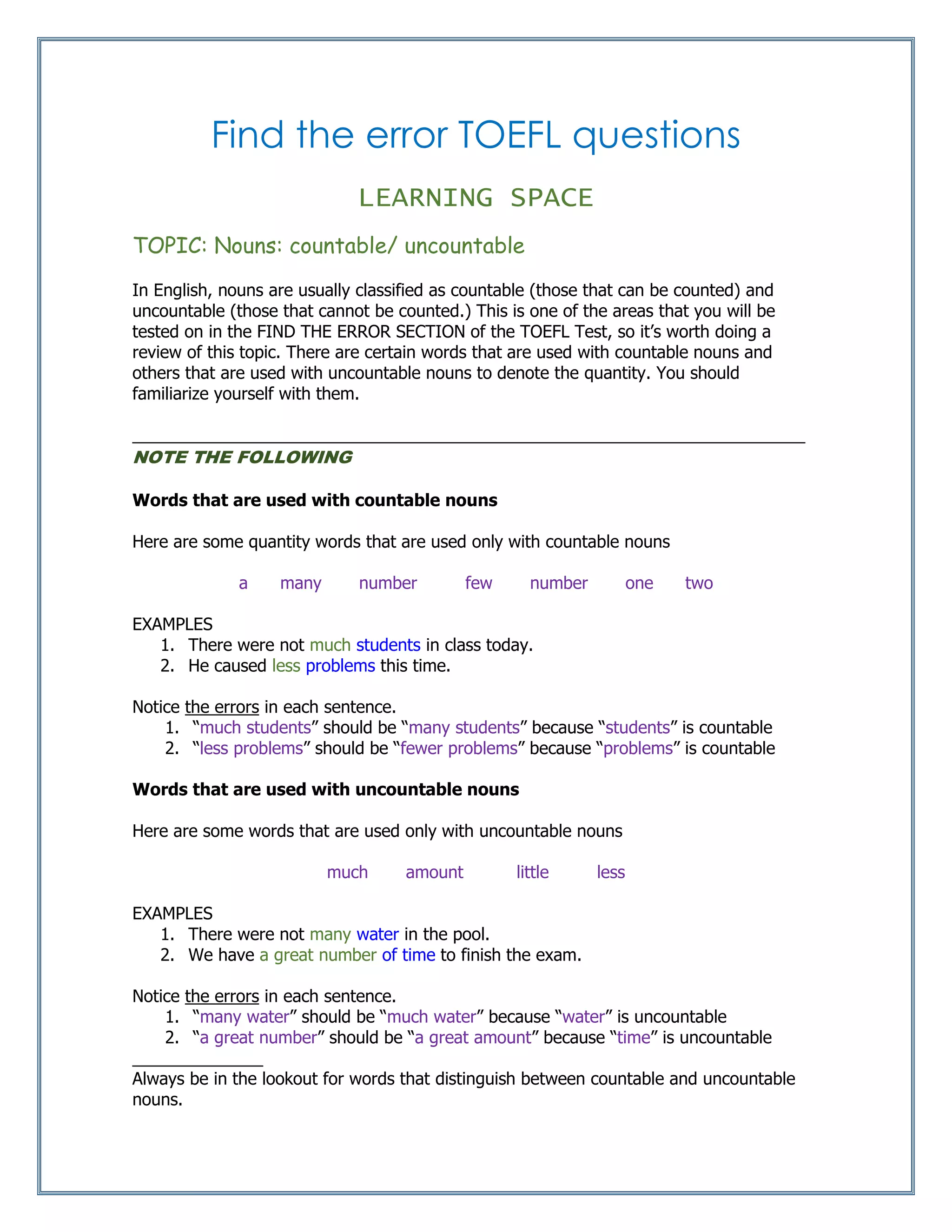 Nouns countable -uncountable | PDF