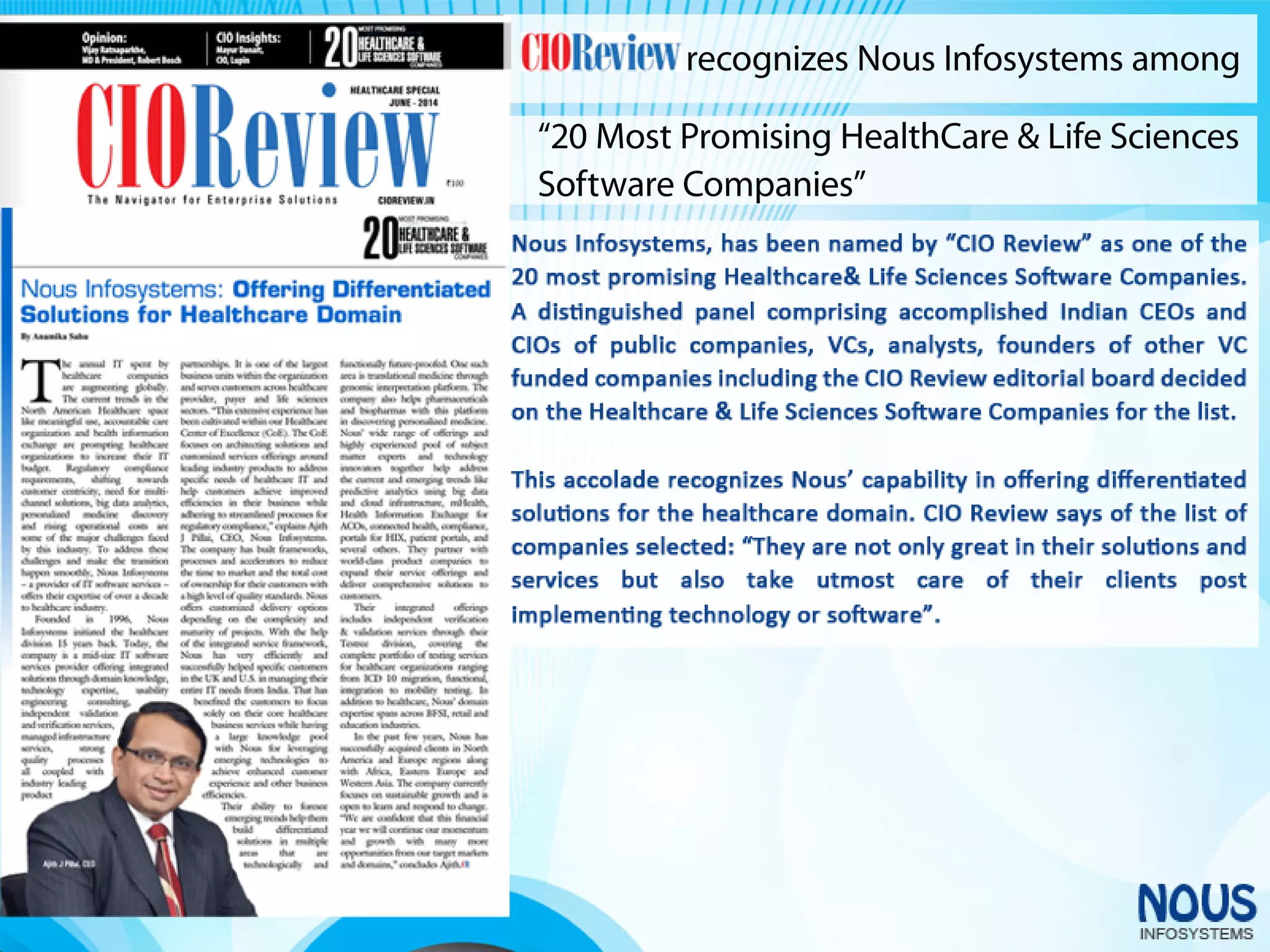Nous Infosystems named among CIO Review Magazine's 2014 India Edition | PDF