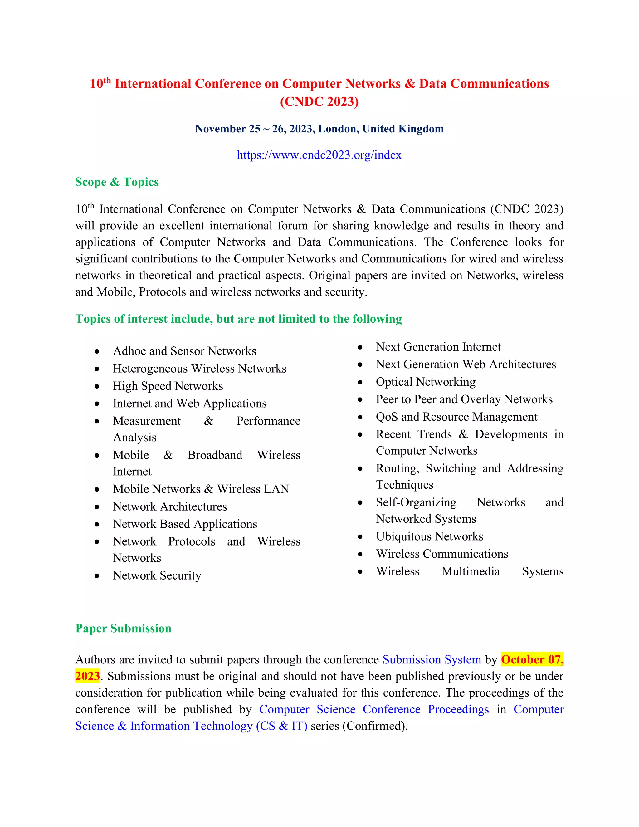 10th International Conference on Computer Networks & Data Communications (CNDC 2023) | PDF
