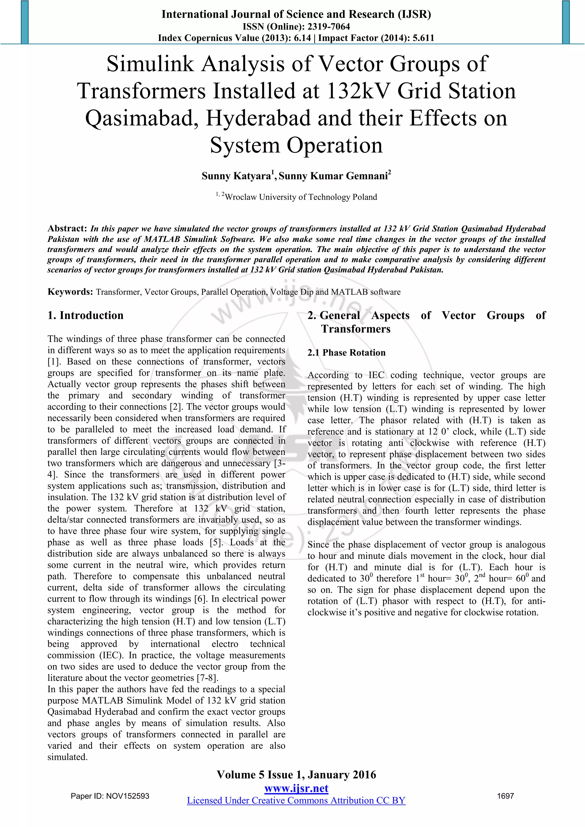 Simulink Analysis of Vector groups of Transformers installed at 132kV Grid Station Qasimabad ...