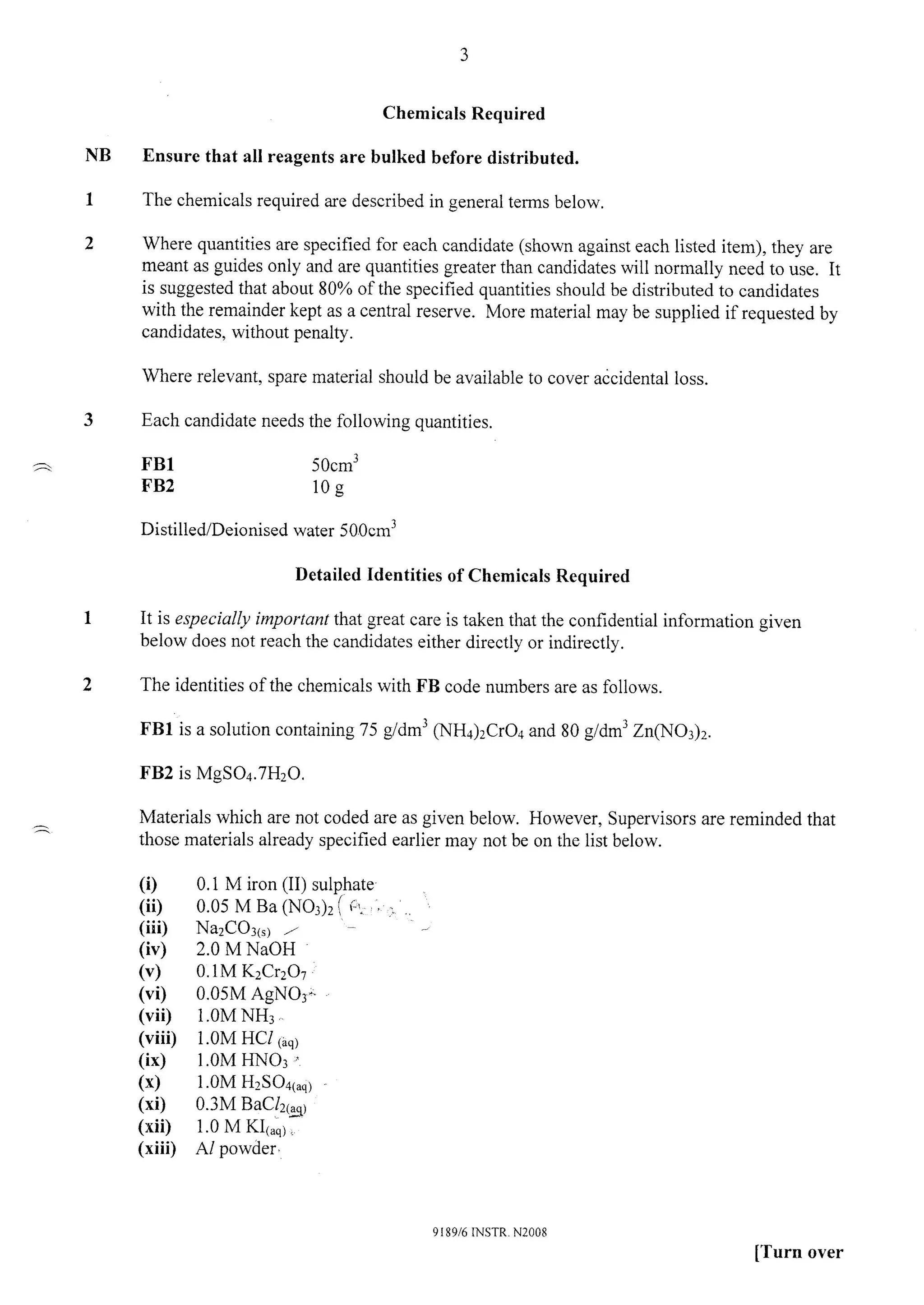 CHEMISTRY Paper 6 Practical Tests November 2008 Session Advanced Level ...