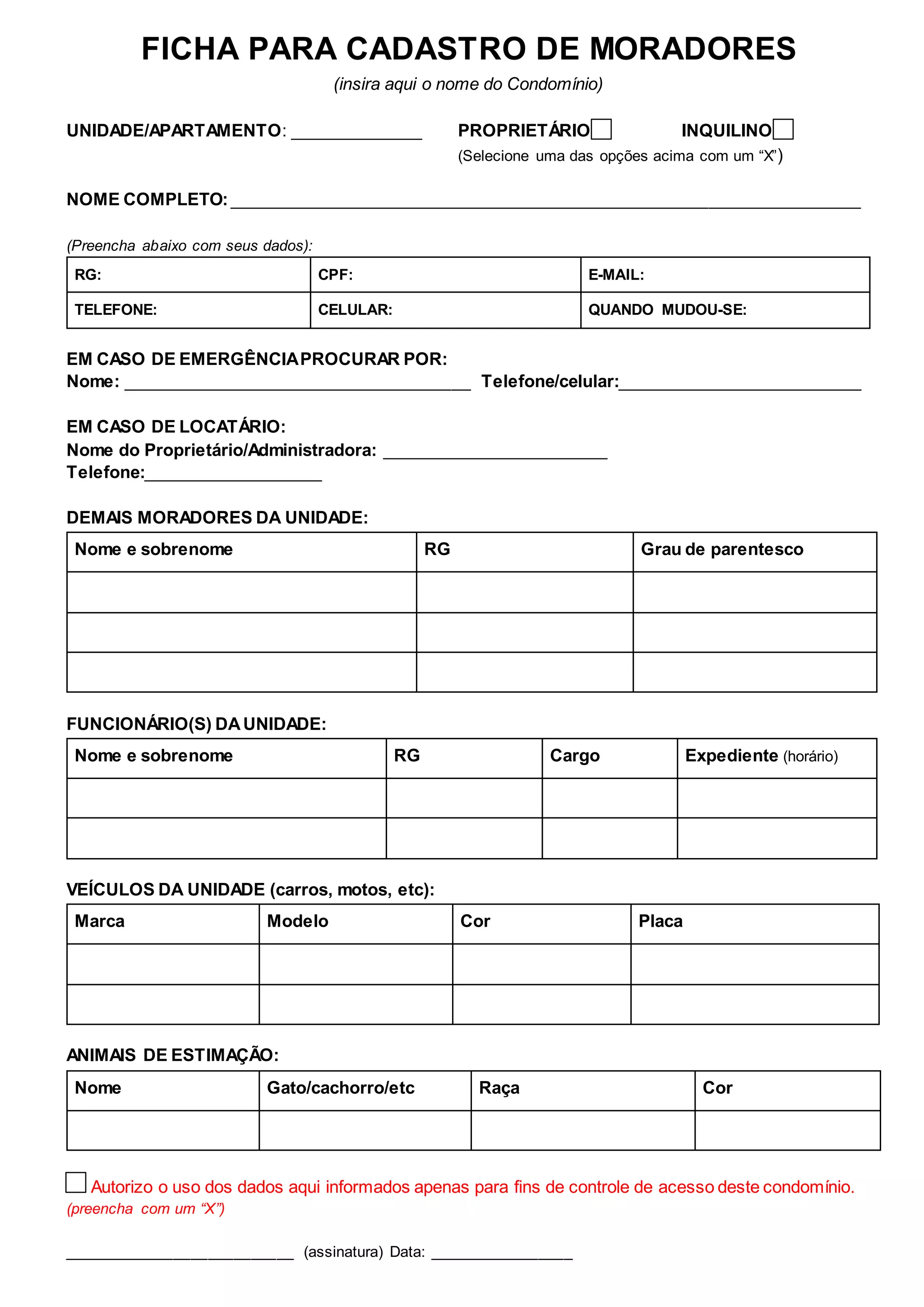 Ficha cadastral de moradores | DOCX