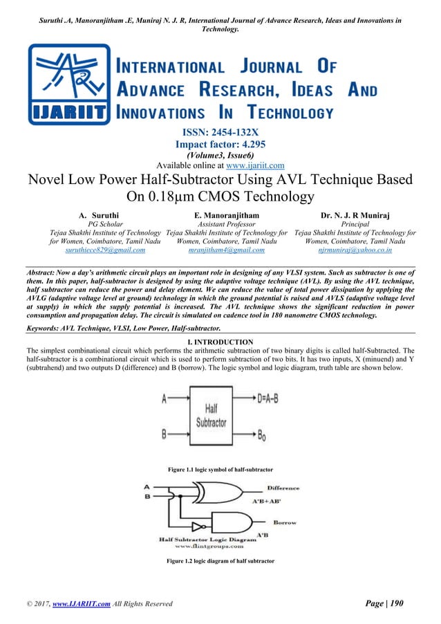 Novel low power half subtractor using avl technique based on 0.18µm ...