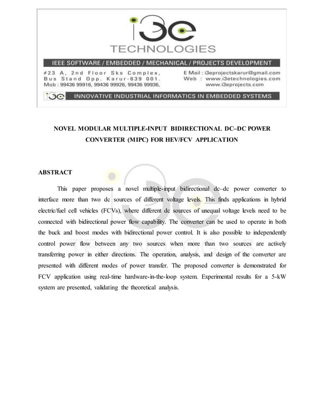 Novel Modular Multiple Input Bidirectional Dcdc Power Converter Mipc For Hev Fcv Application