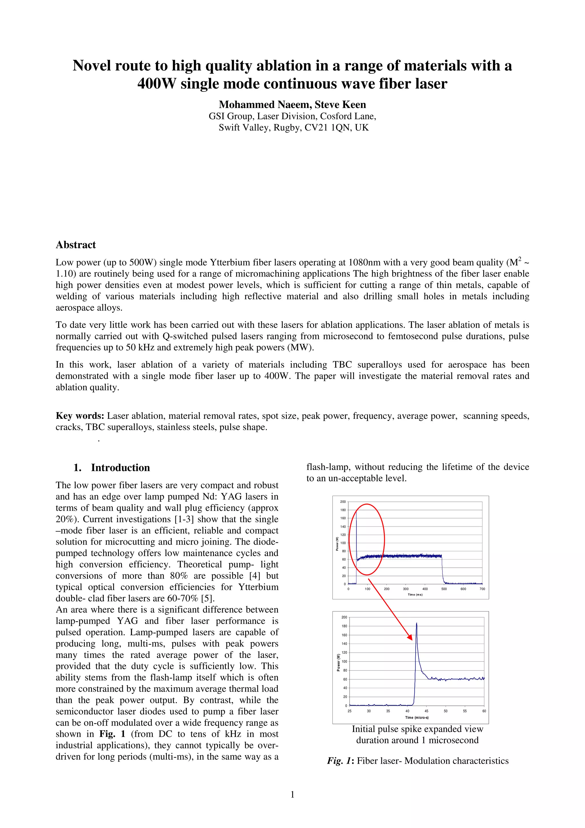Novel route to high quality ablation in a range of materials with a 400 w single mode continuous ...