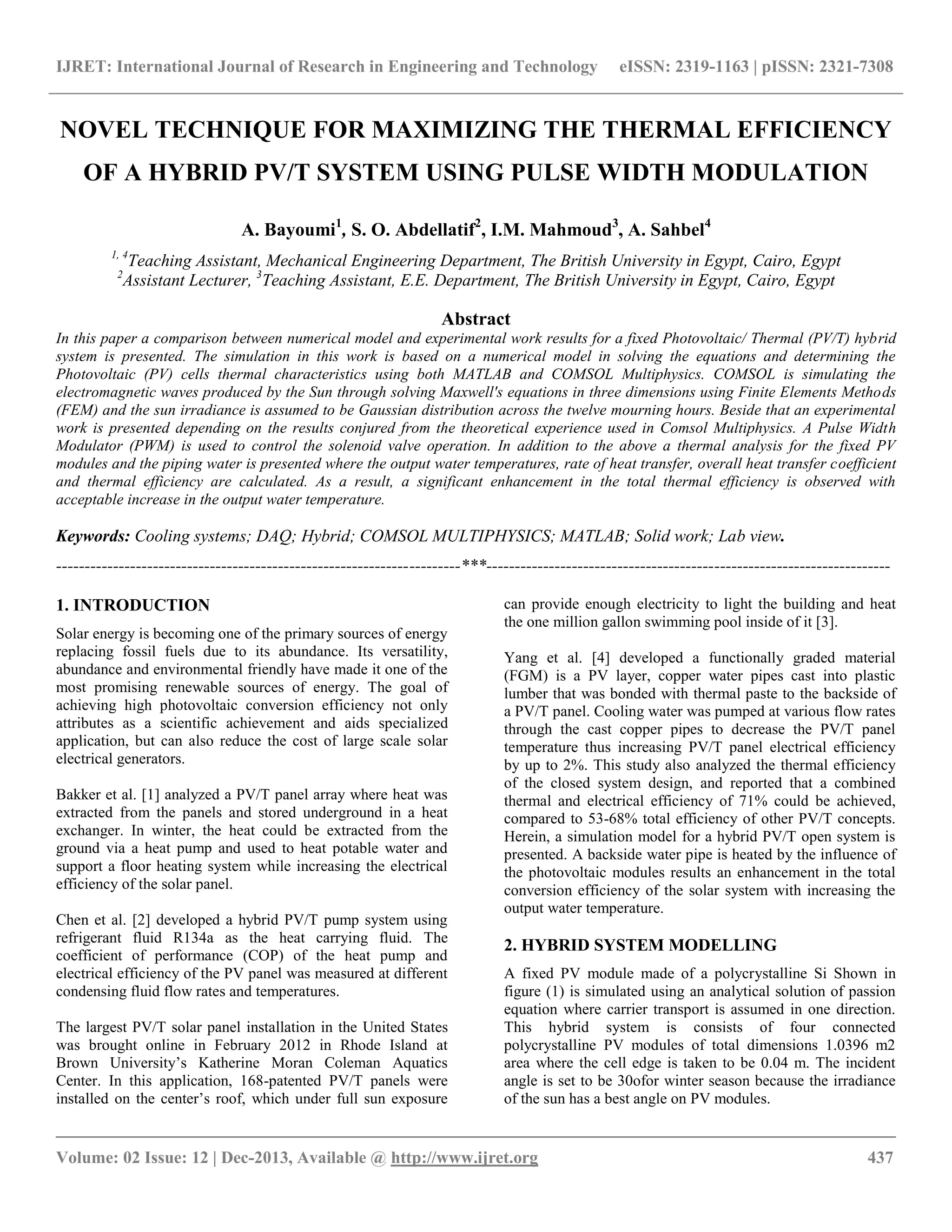 Novel technique for maximizing the thermal efficiency of a hybrid pv | PDF