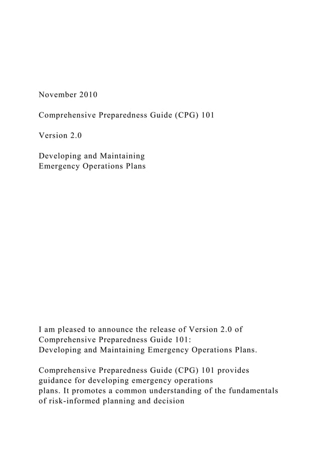 November 2010 Comprehensive Preparedness Guide (CPG) 101.docx | Business | Business and Finance