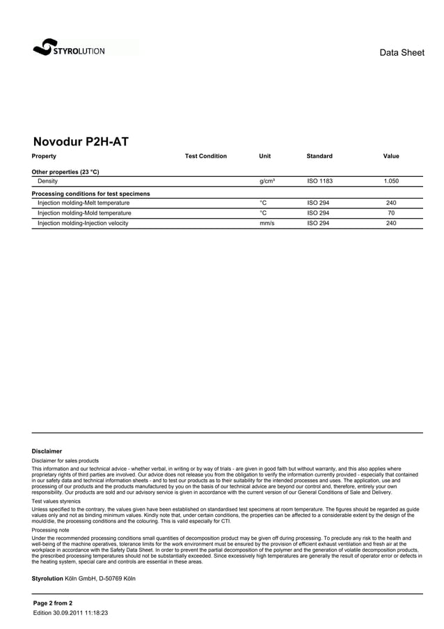 Ficha Técnica - Styrolution Novodur P2H-AT | PDF