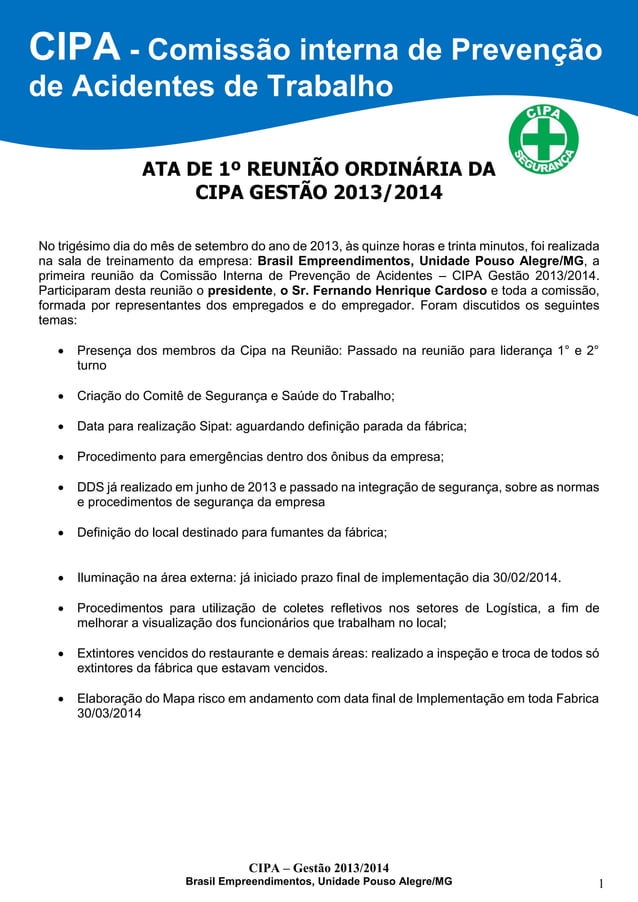 Modelo de Ata de Reunião Ordinária e Extraordinária da CIPA | PDF