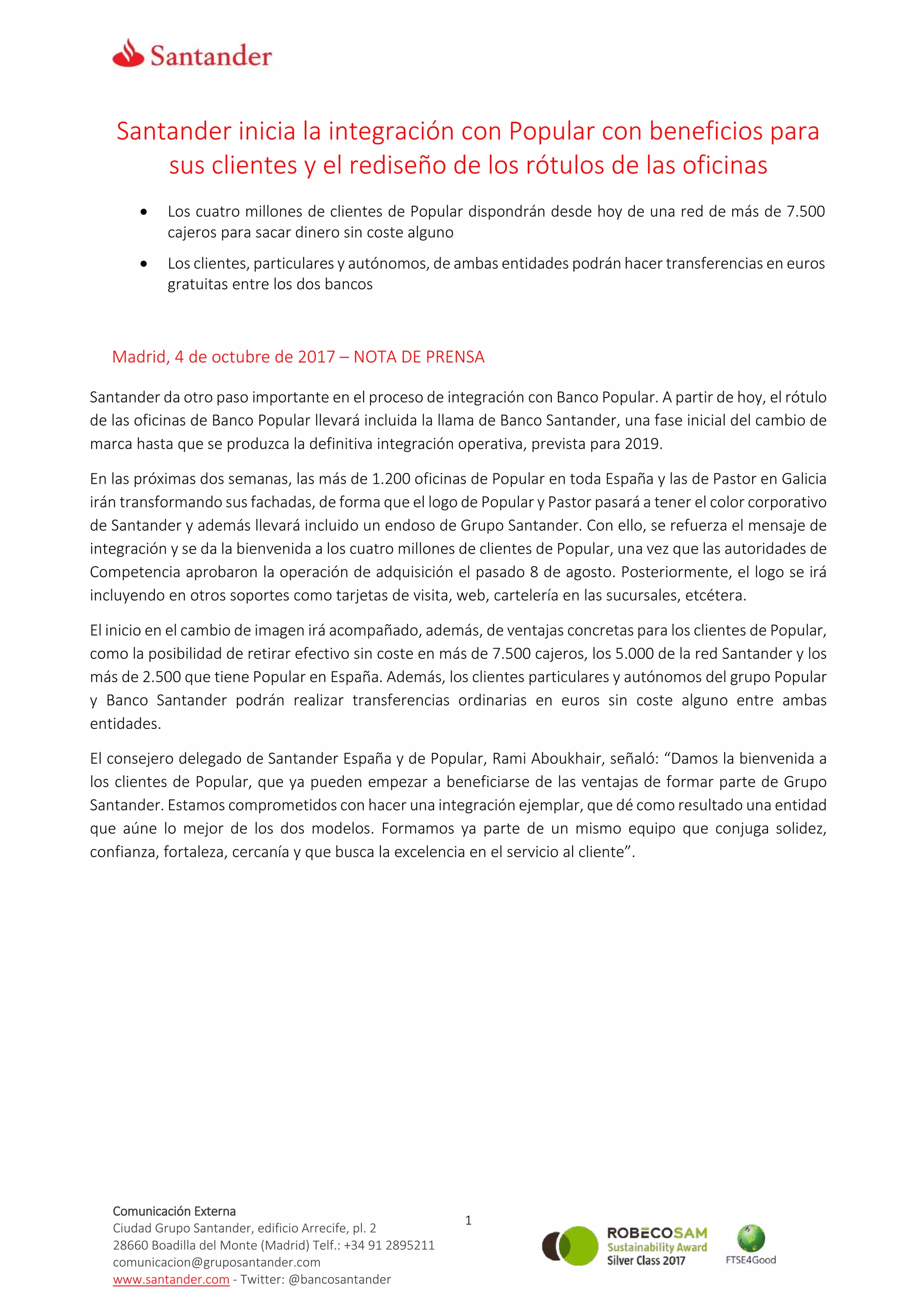 Santander inicia la integración con Popular con beneficios para sus ...