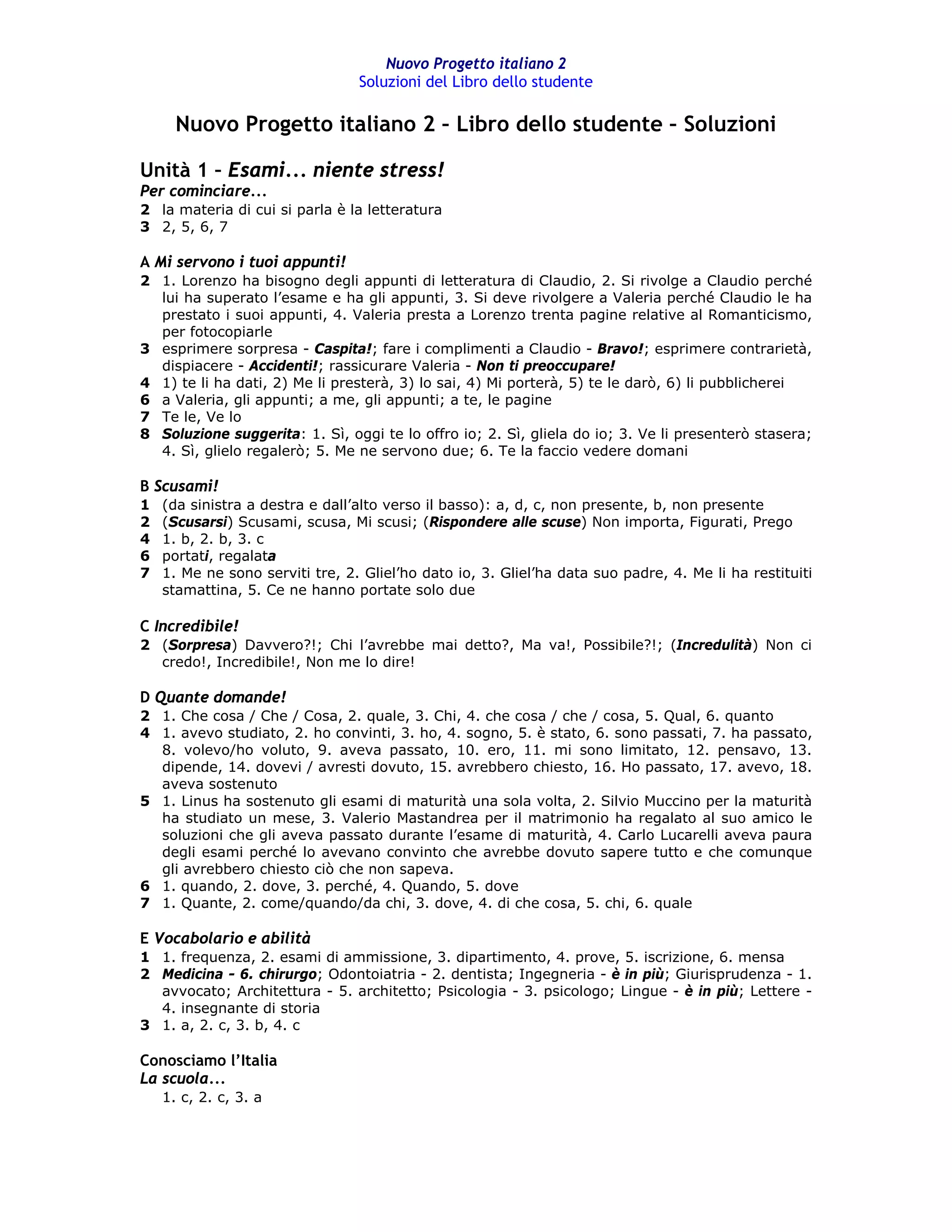 Nuovo Progetto italiano 2 - Libro dello studente - Soluzioni | PDF