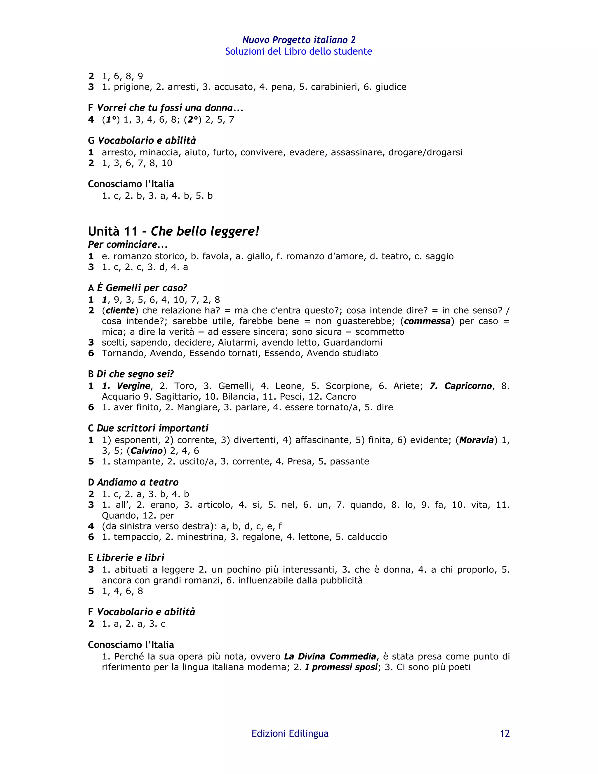 Nuovo Progetto italiano 2 - Libro dello studente - Soluzioni | PDF