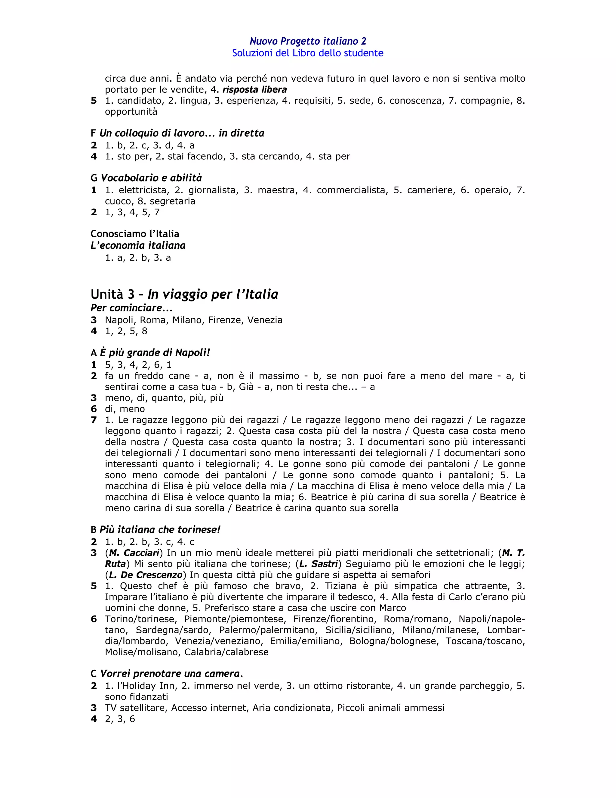 Nuovo Progetto italiano 2 - Libro dello studente - Soluzioni | PDF