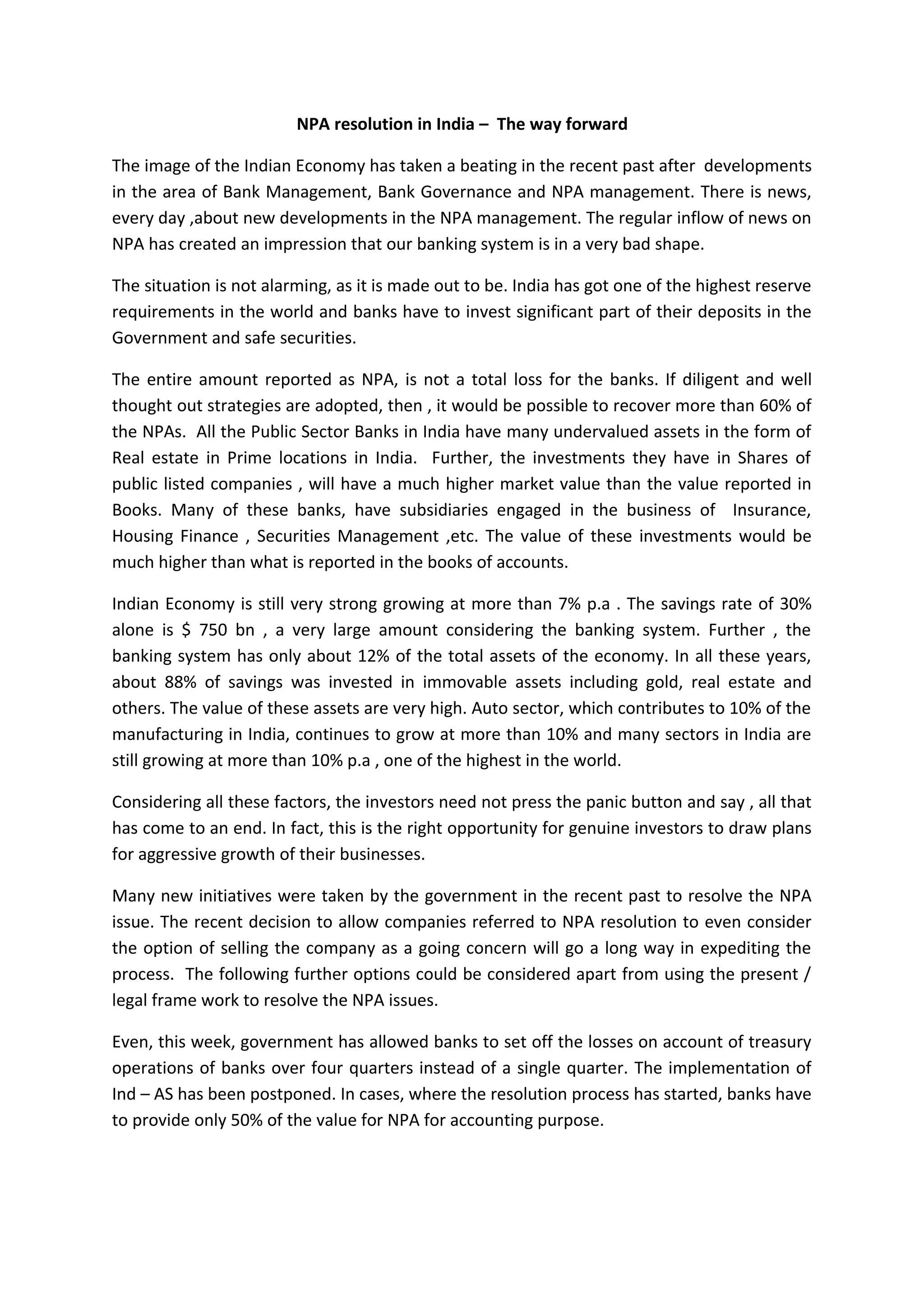 Npa resolution in India way forward | DOC