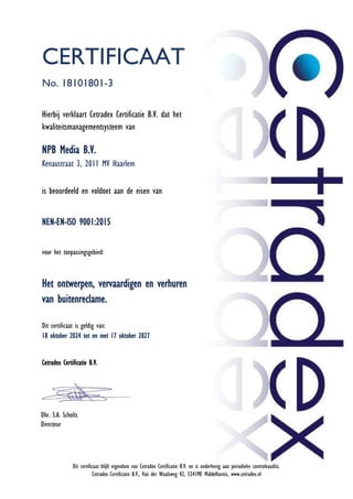 NPB Media | ISO 9001 Certificaat 18101801-3 | PDF | Business | Business and Finance