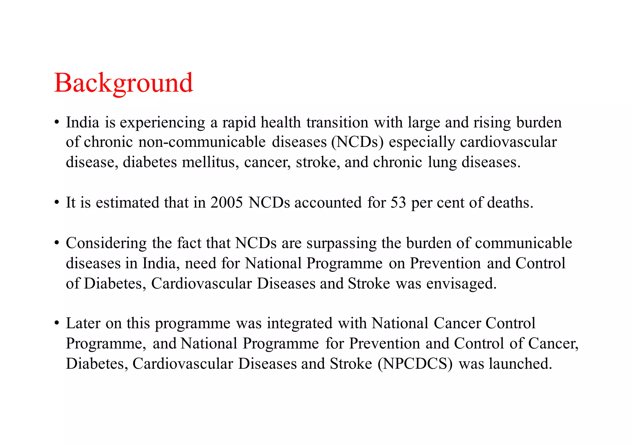 National programme for prevention and control of cancer, diabetes, CVDs ...