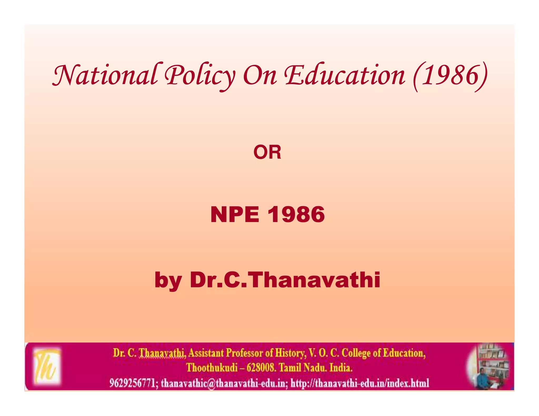 National Policy on Education 1986 by dr.c.t. | PDF
