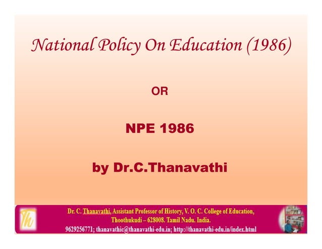 National Policy on Education 1986 by dr.c.t. | PDF | Education industry | Industries