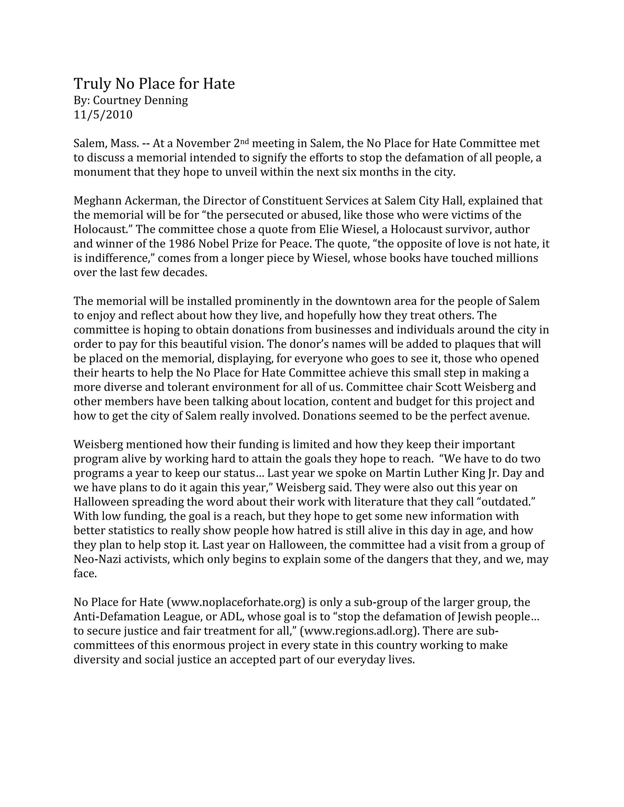 News Article Sample - No Place For Hate | PDF