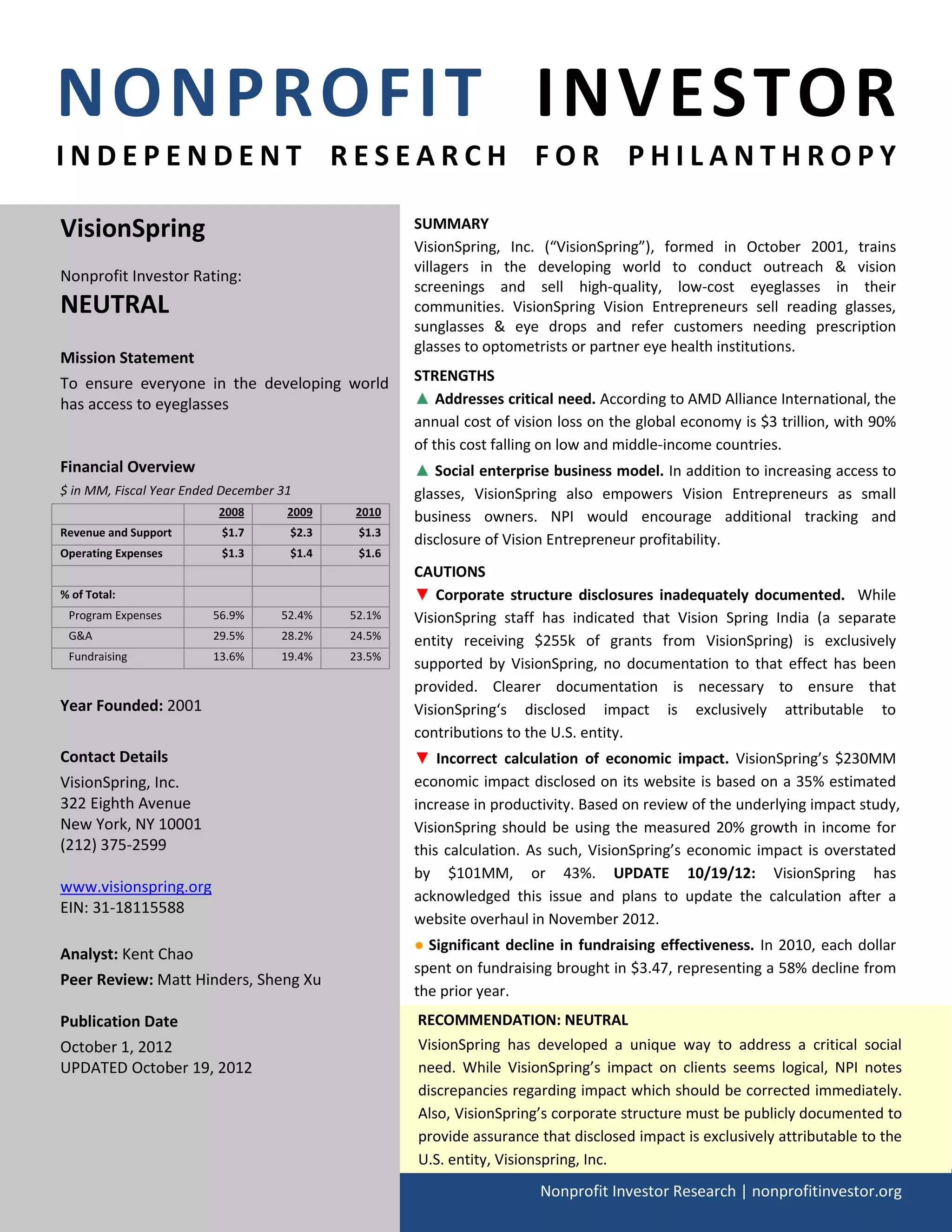 NPI Evaluation of VisionSpring | PDF