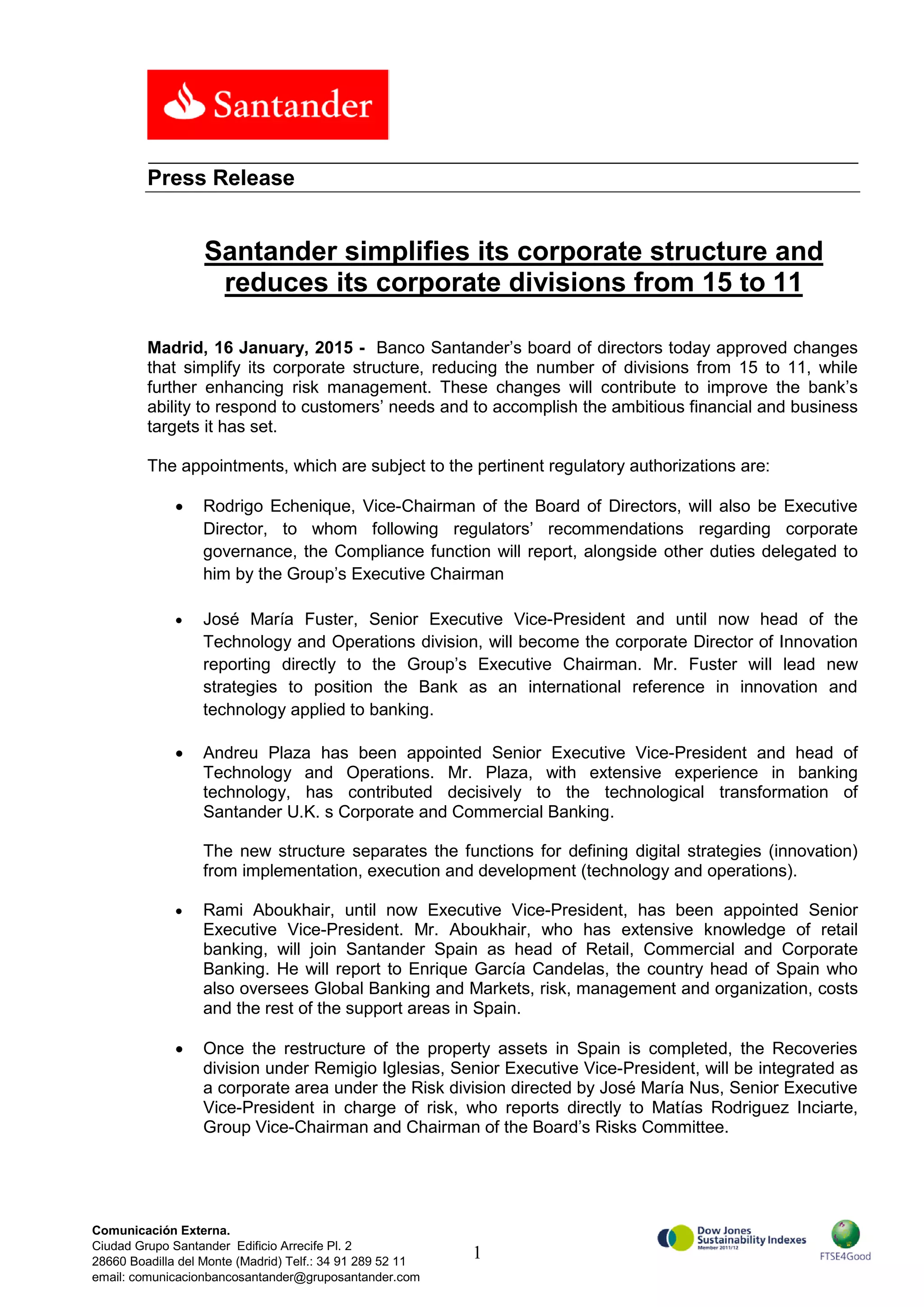 Santander simplifies its corporate structure and reduces its corporate ...