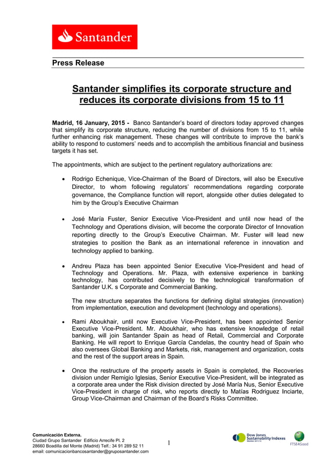 Santander simplifies its corporate structure and reduces its corporate ...