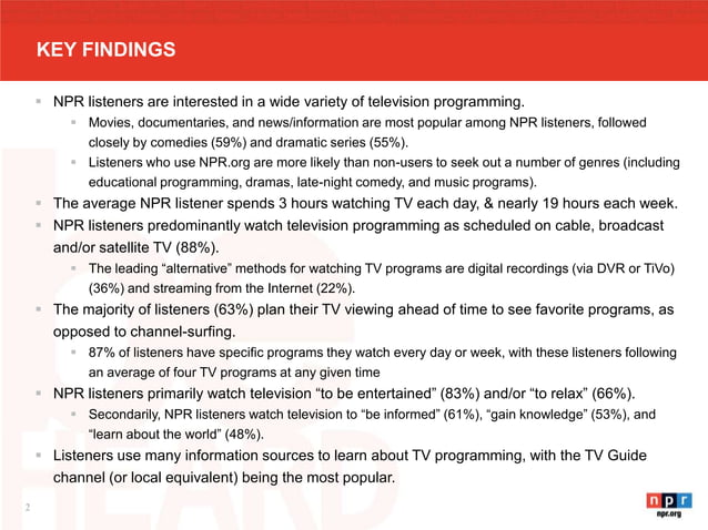 TV Habits of NPR Station Listeners | PPTX | Public Radio | Talk Radio