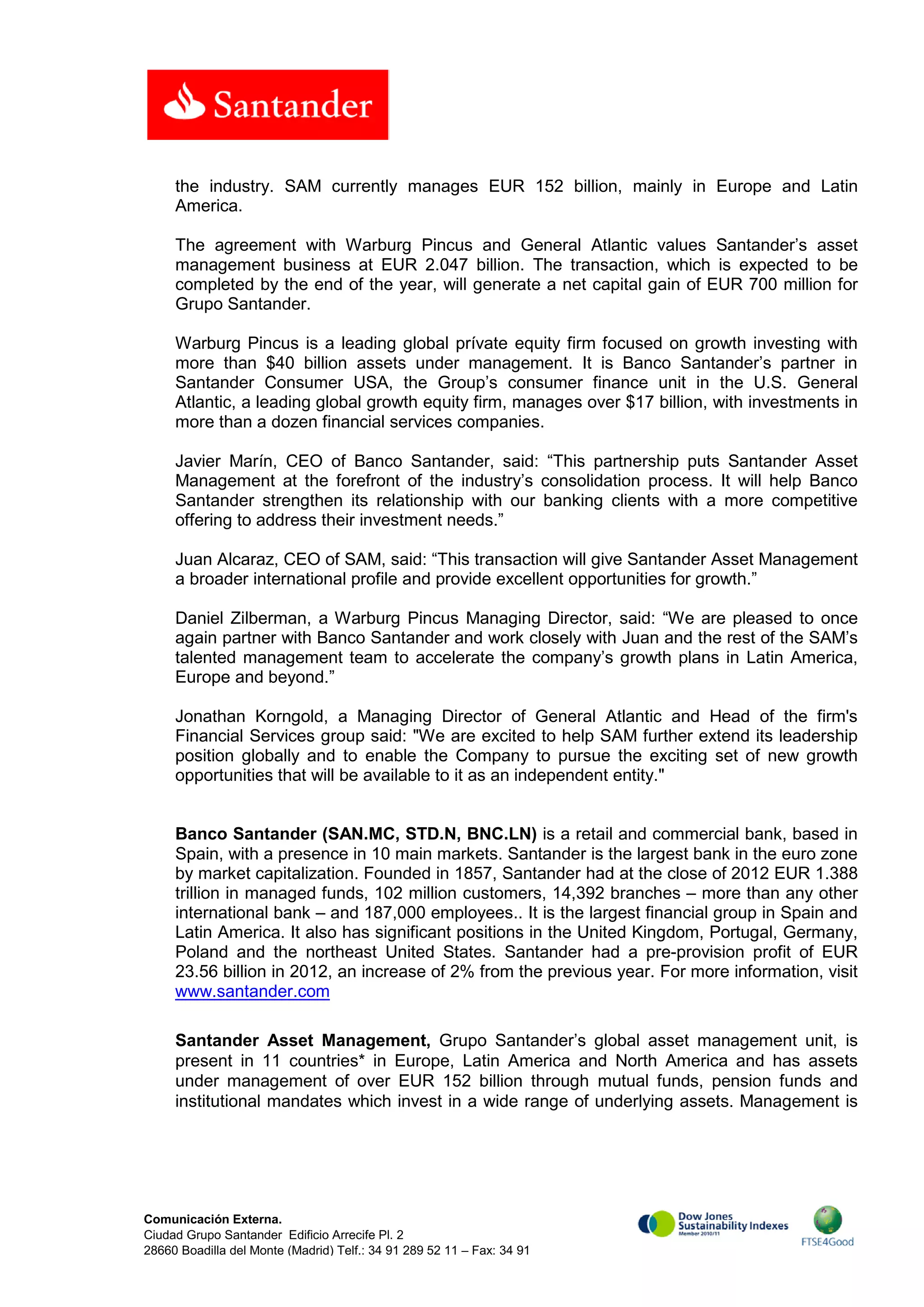 Santander reaches agreement with Warburg Pincus and General Atlantic to ...