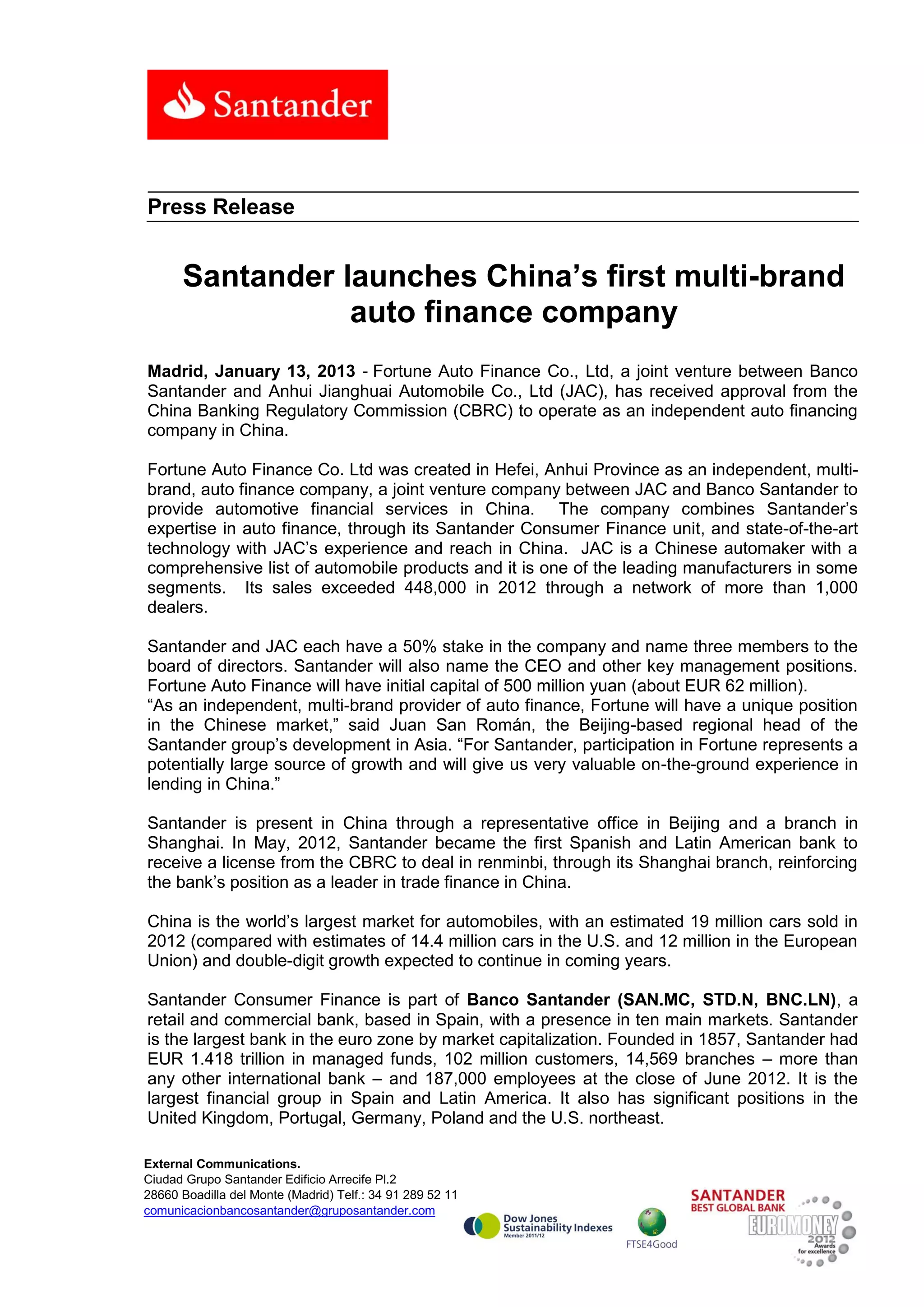 Santander launches China’s first multi-brand auto finance company | PDF