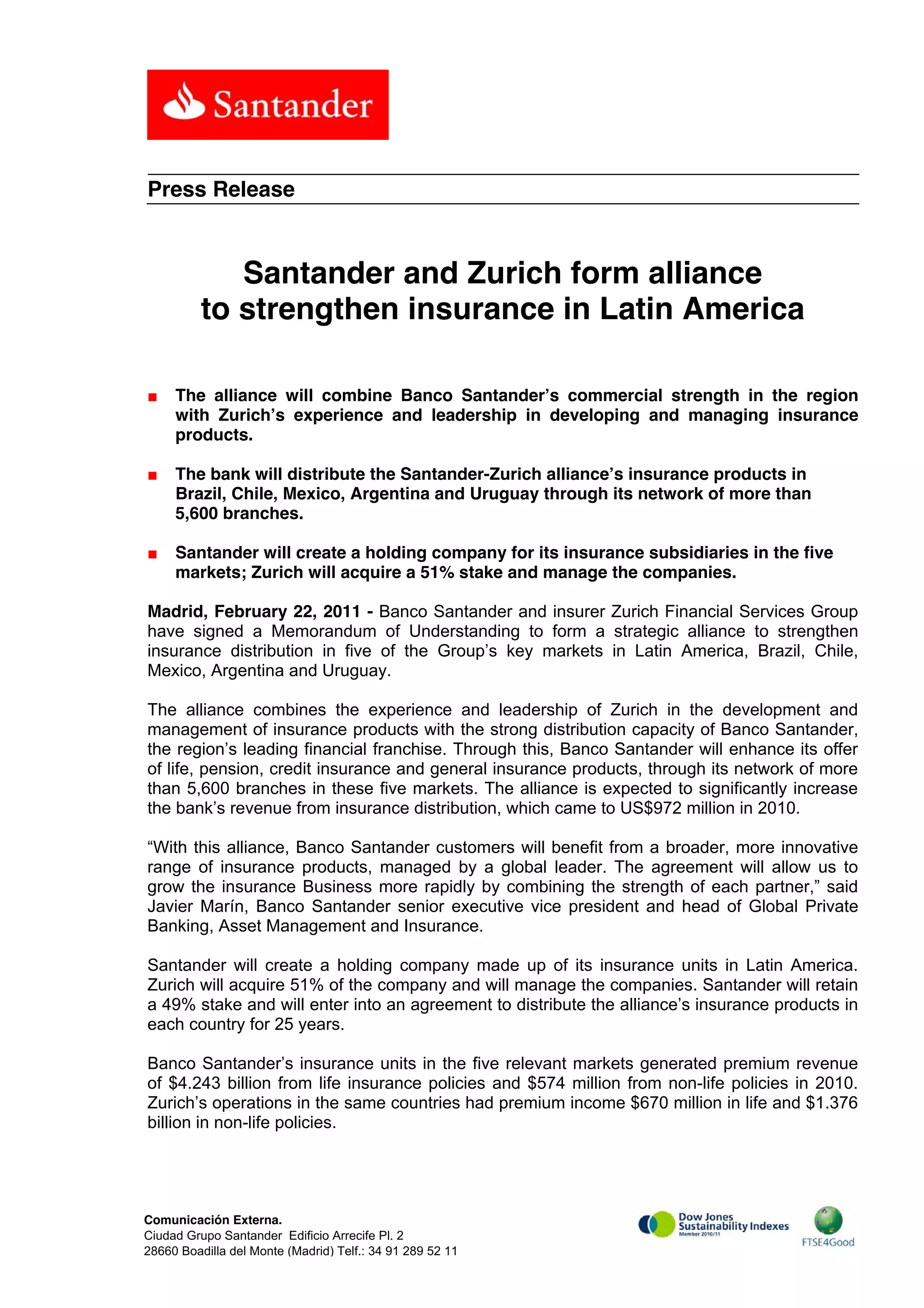 SANTANDER AND ZURICH FORM ALLIANCE IN LATIN AMERICA | PDF