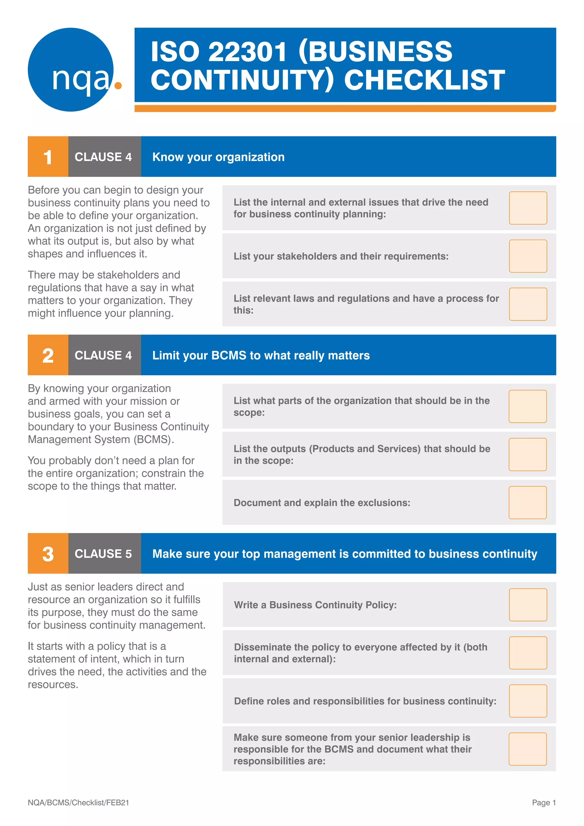 NQA ISO 22301 Business Continuity Checklist | PDF