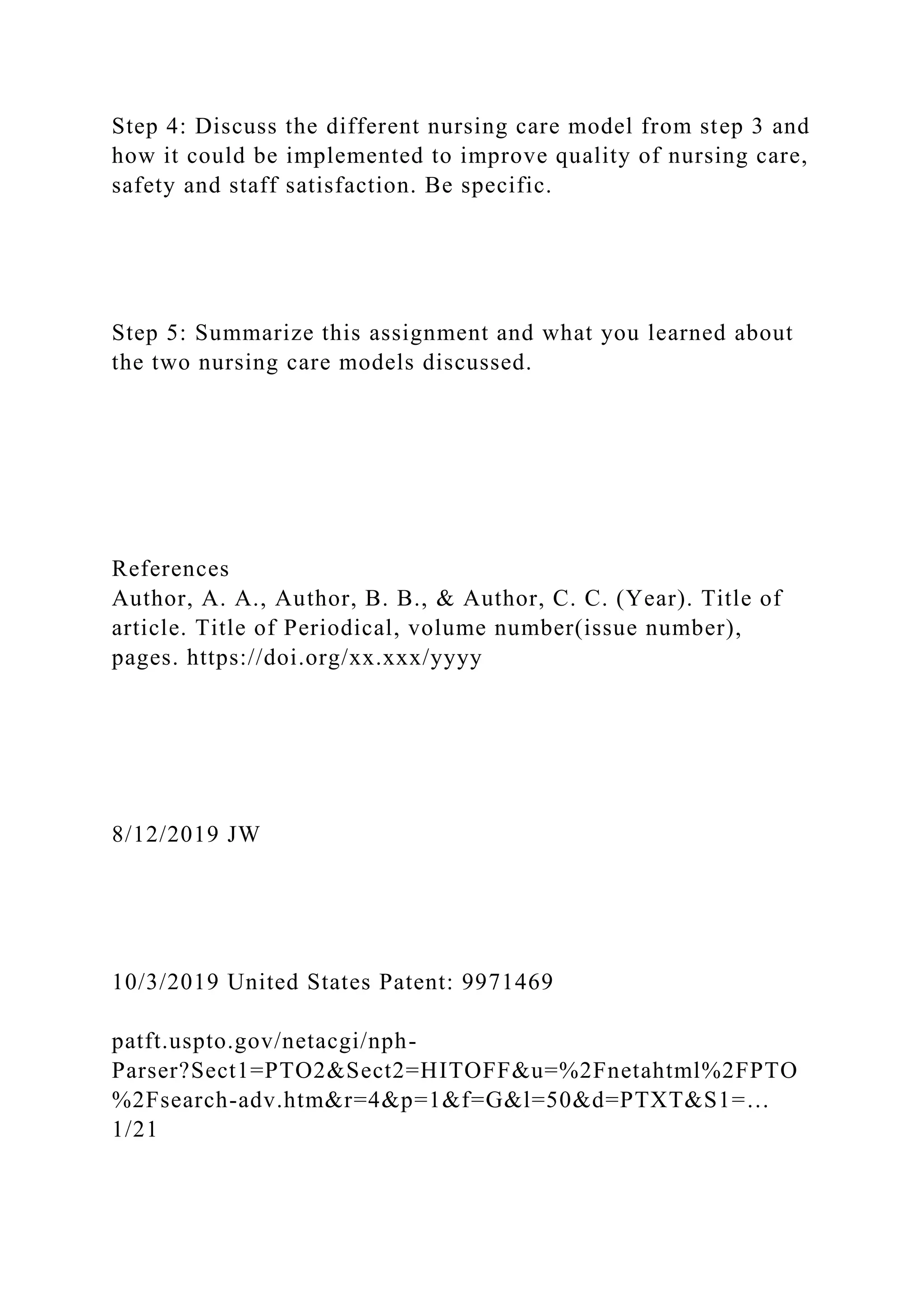 NR447 WEEK FIVE ASSIGNMENTNursing Care Models WorksheetS.docx