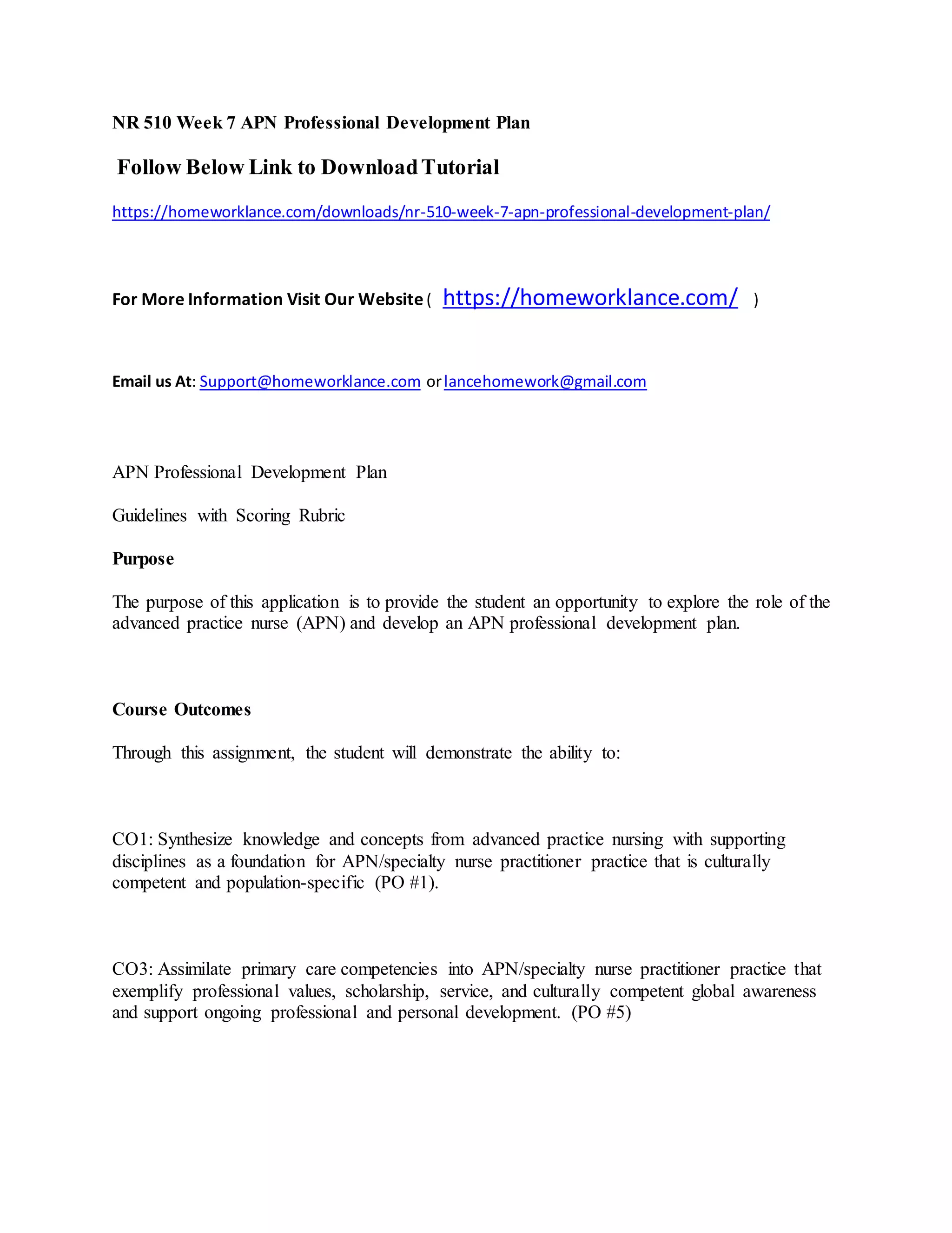 Nr 510 week 7 apn professional development plan | DOCX
