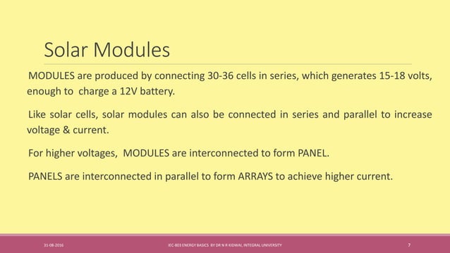 Solar PV Cells, Module and Array | PPTX | Physics | Science