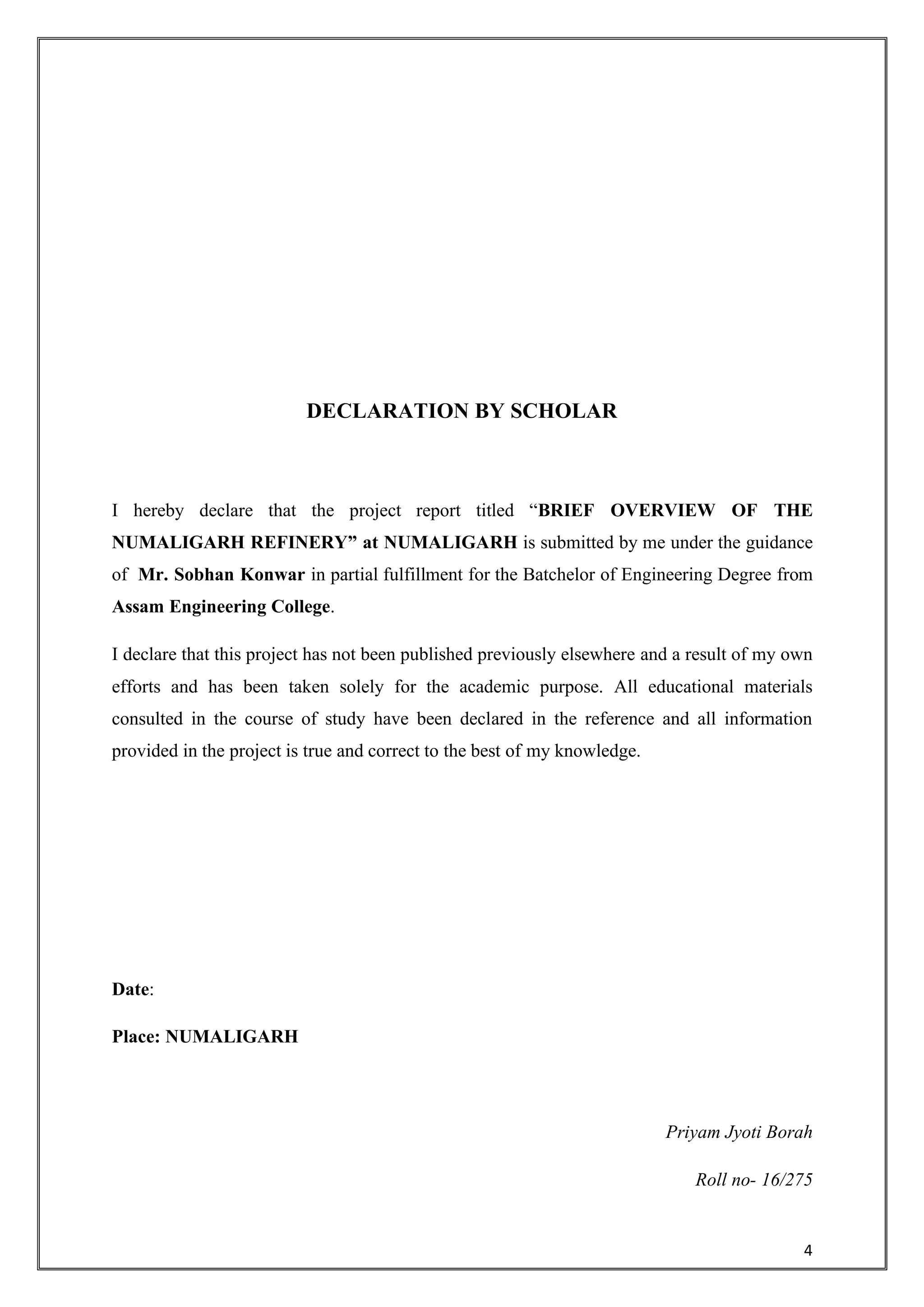 Industrial training at NUMALIGARH REFINERY LIMITED (NRL) | PDF