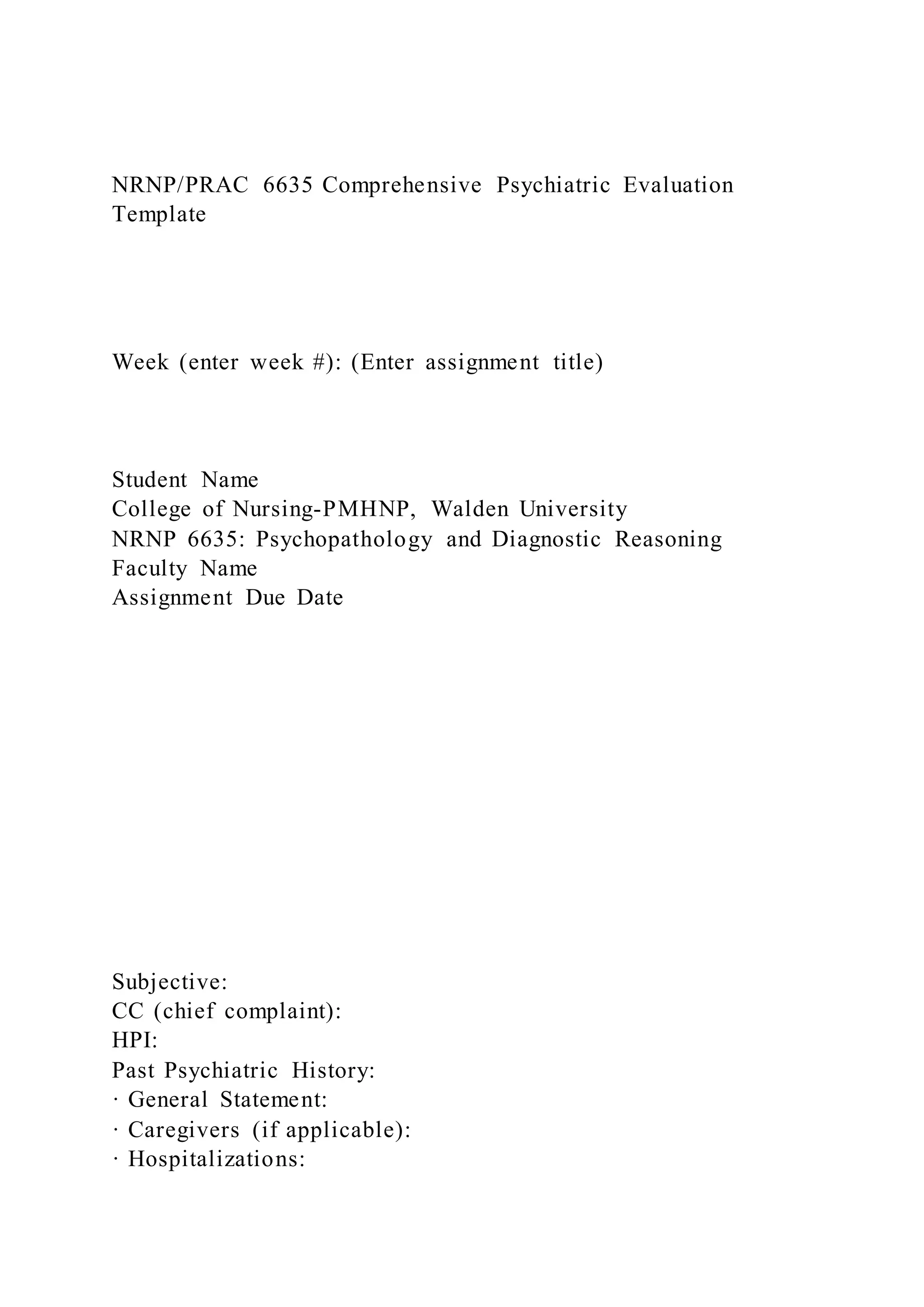 Nrnpprac 6635 comprehensive psychiatric evaluation template | DOCX